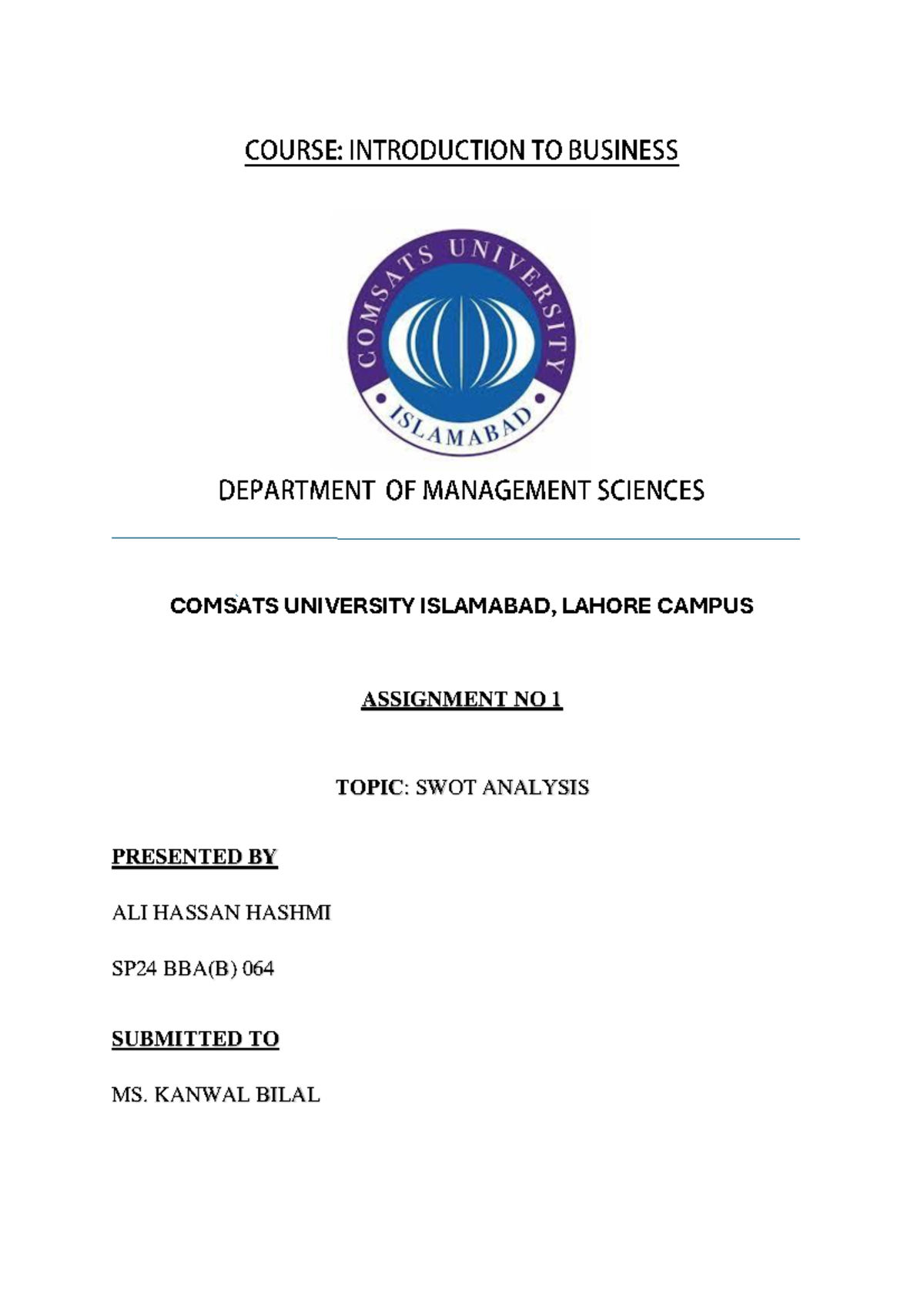 Assignment NO 1 ( Introduction TO Buisness) - COMSATS UNIVERSITY ...