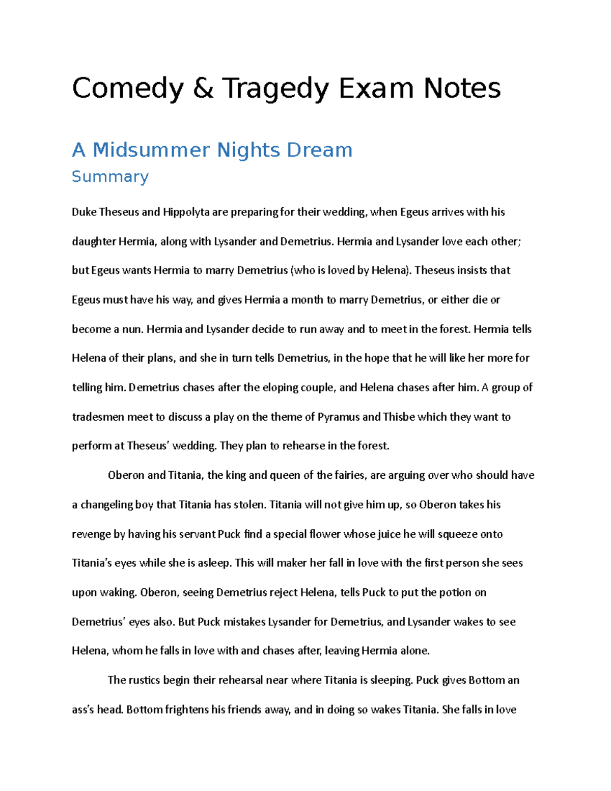 Comedy & Tragedy Exam Notes - Comedy & Tragedy Exam Notes A Midsummer ...