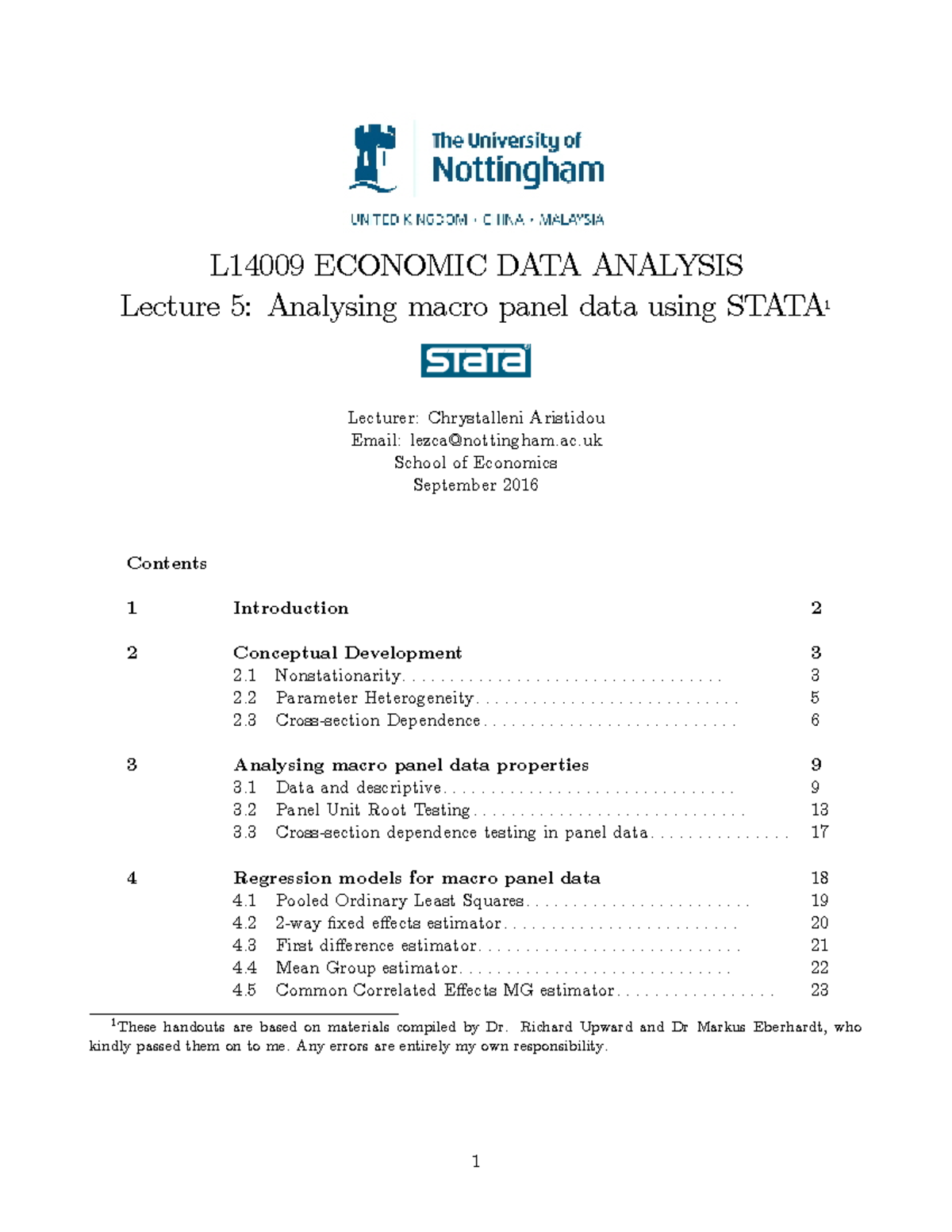 Lec5 Lecture Notes 5 L14009 Economic Data Analysis Lecture 5 Analysing Macro Panel Data