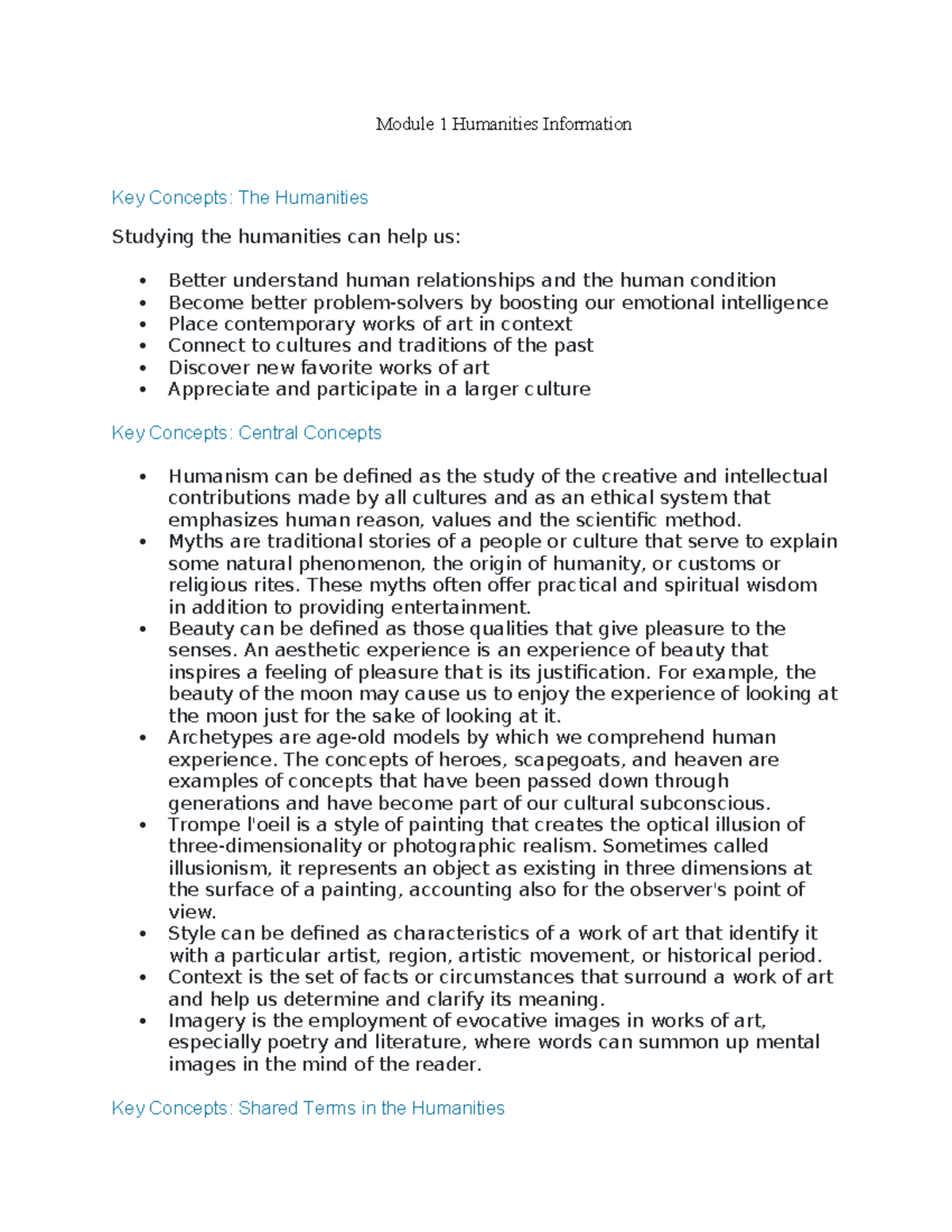 Module 1 Humanities Information Study Guide - Module 1 Humanities ...