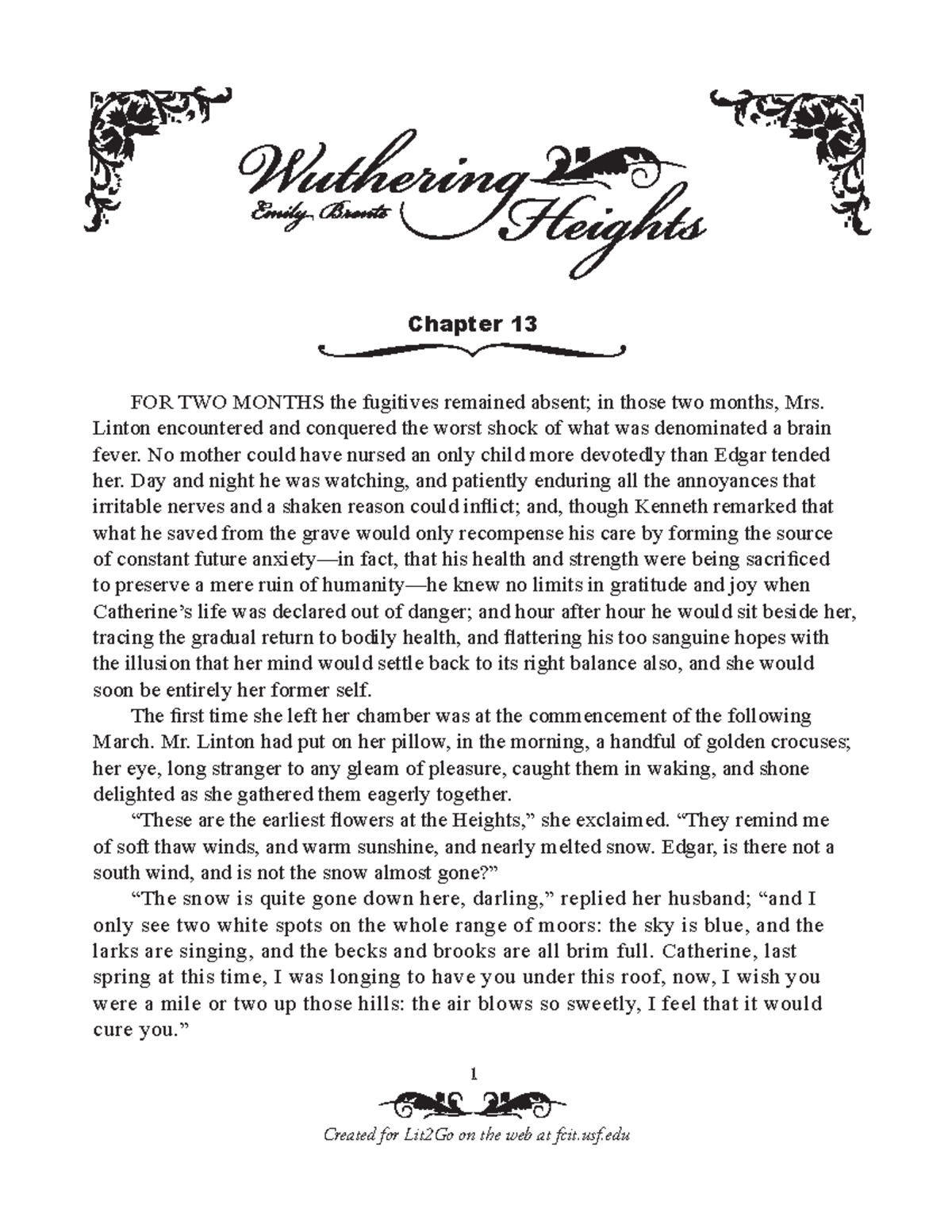Wuthering heights 013 chapter 13 - Chapter 13 FOR TWO MONTHS the ...