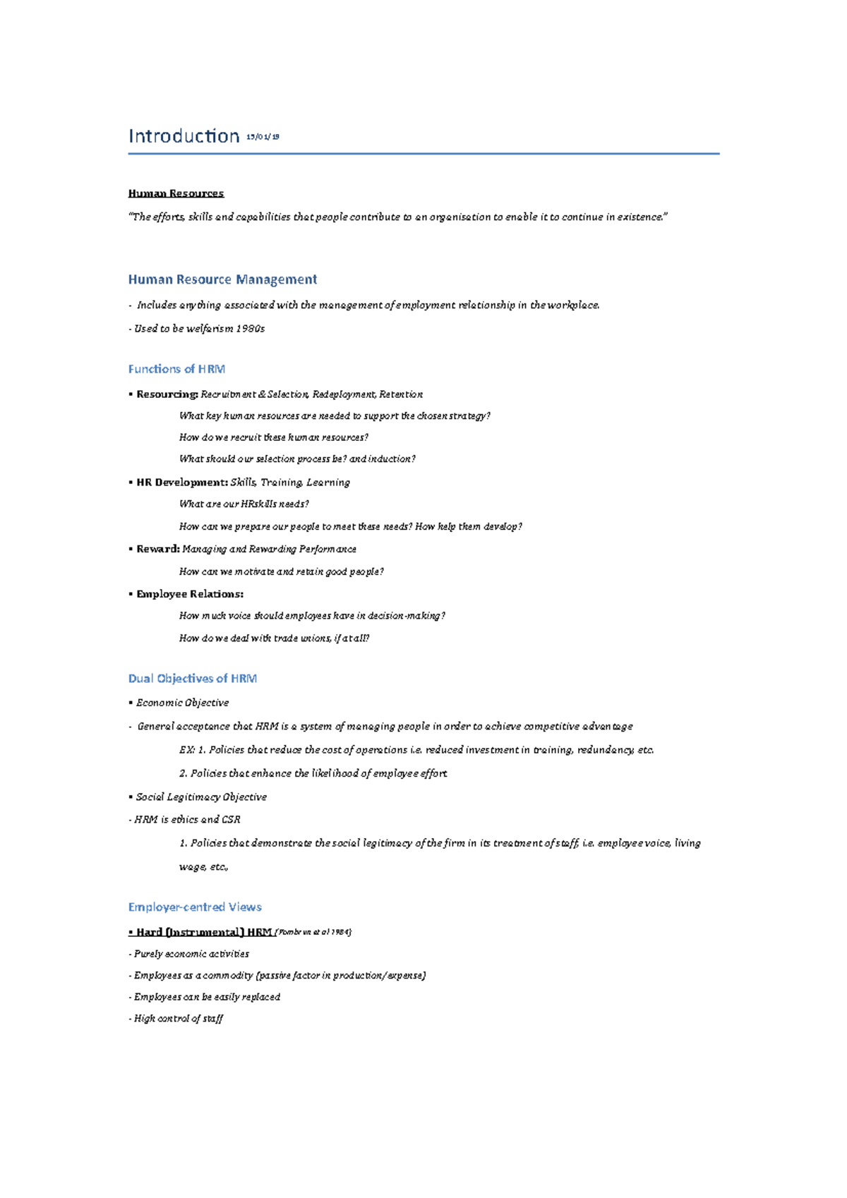 HR Notes - Introduction 15/01/ Human Resources “The efforts, skills and ...