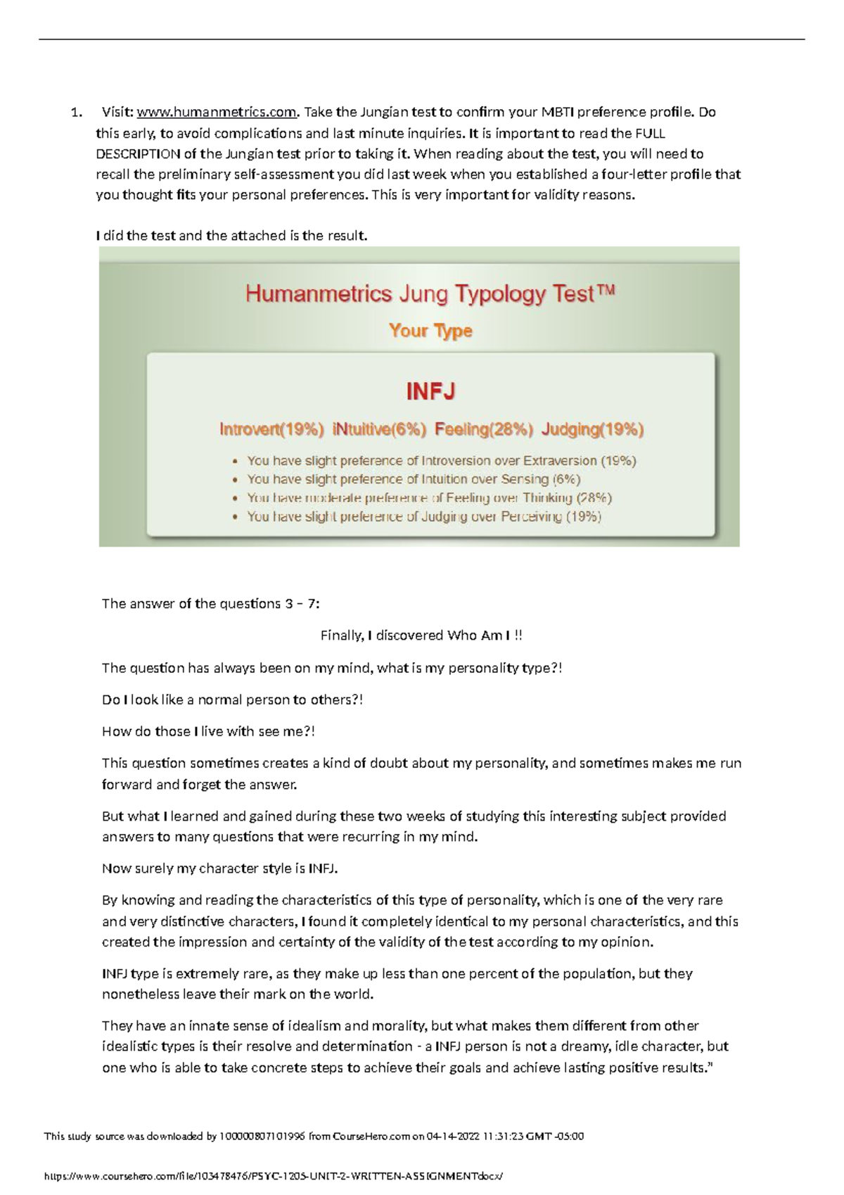 PSYC 1205 UNIT 2 Written Assignment - Visit: humanmetrics. Take the ...