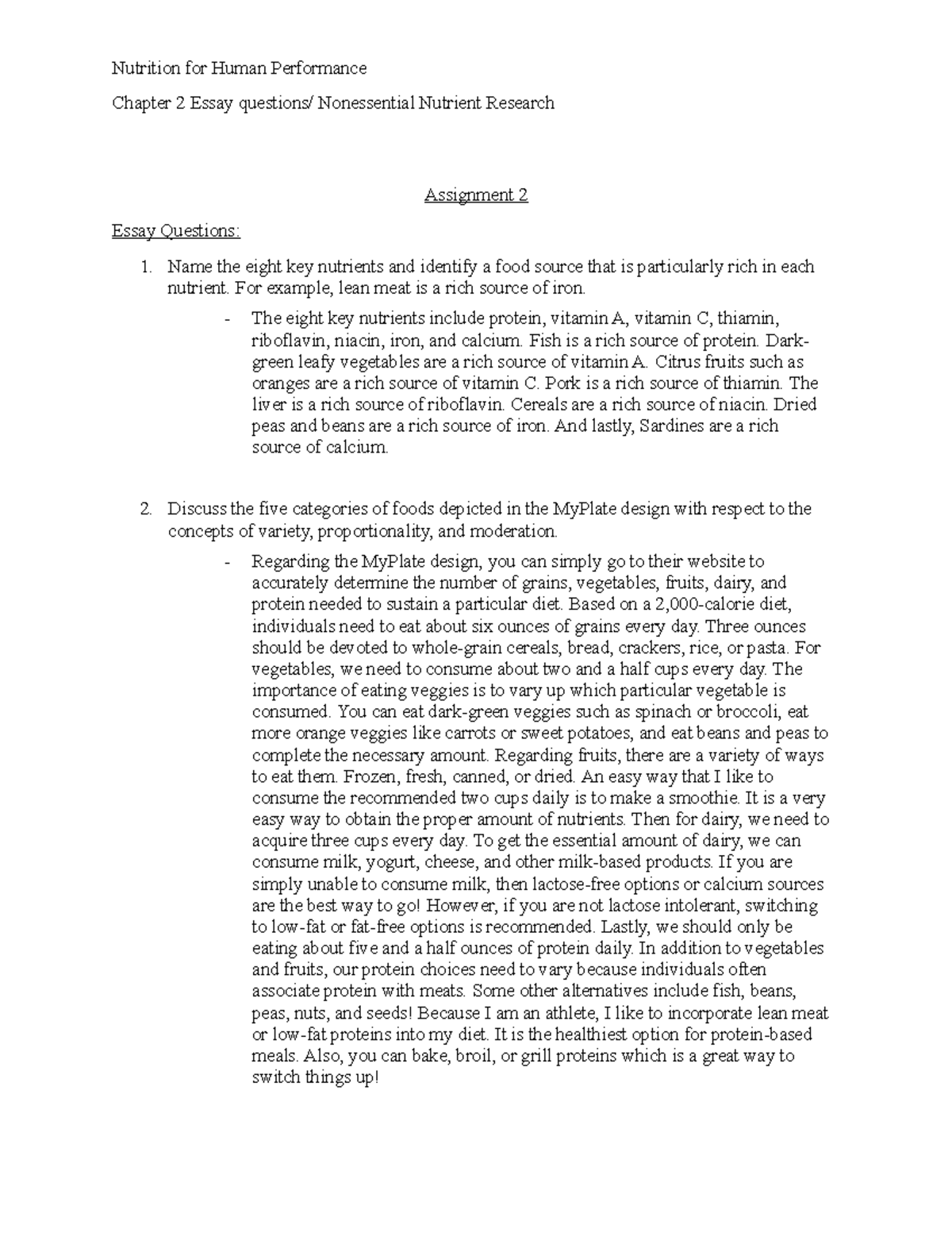 Assignment 2 (Nutrition) - Chapter 2 Essay questions/ Nonessential ...