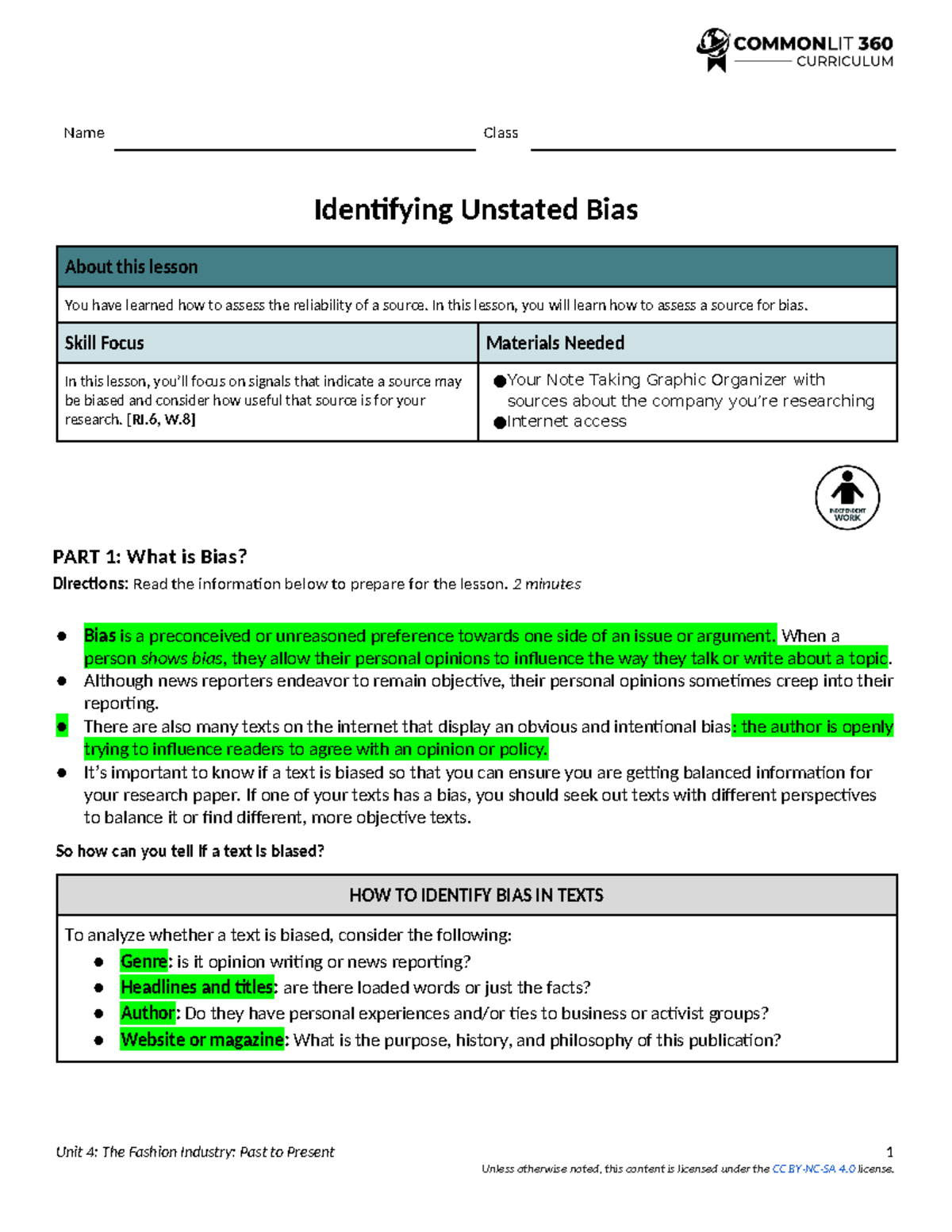 10GUnit 4 Identifying Bias Student COPY Ed1 - Name Class Identifying Unstated Bias About this ...