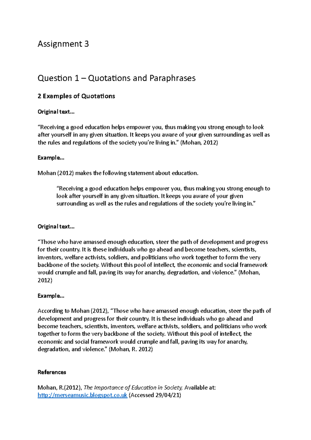 Assignment - Academic Writing Skills: Quotations and Paraphrases ...