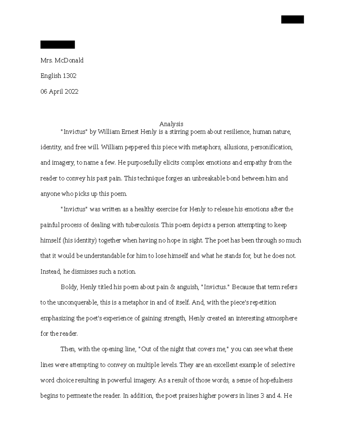 Analysis of Invictus - Professor McDonald Another part of a poetry ...