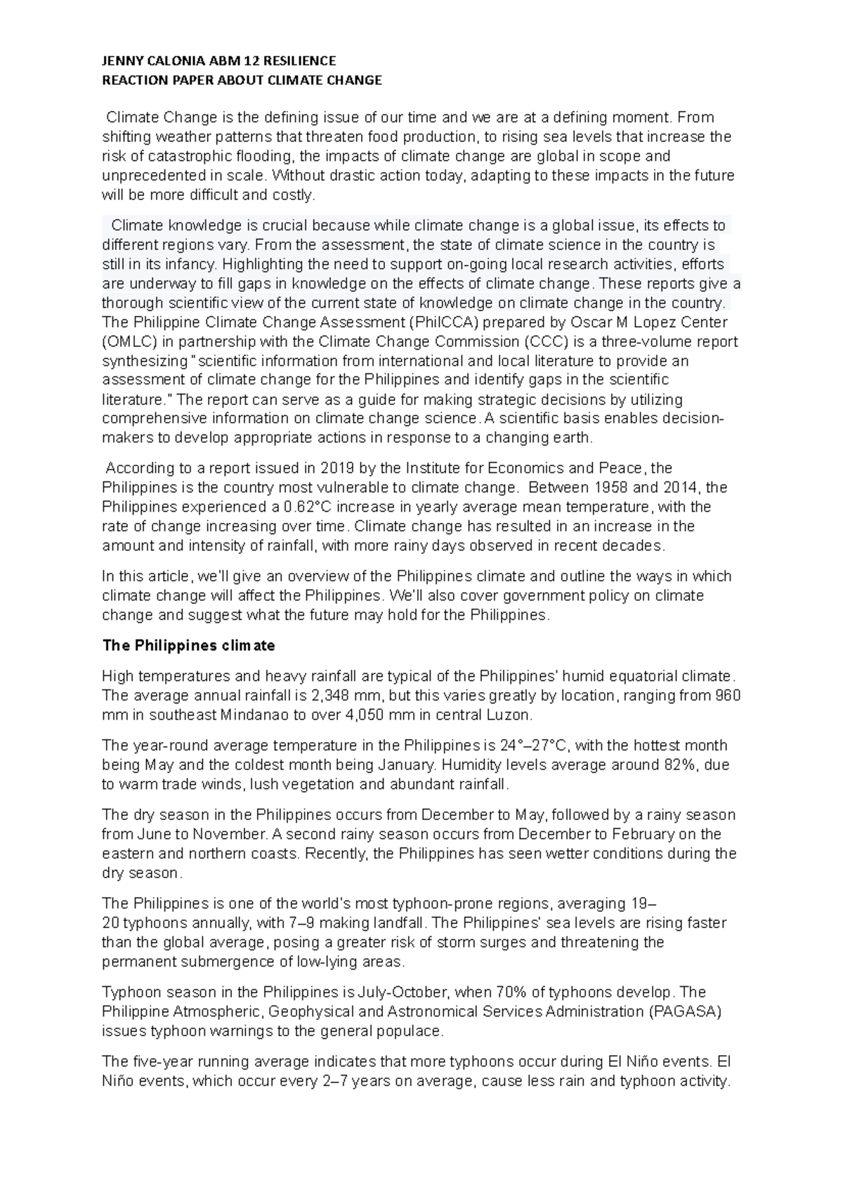 Hakdog - JENNY CALONIA ABM 12 RESILIENCE REACTION PAPER ABOUT CLIMATE ...