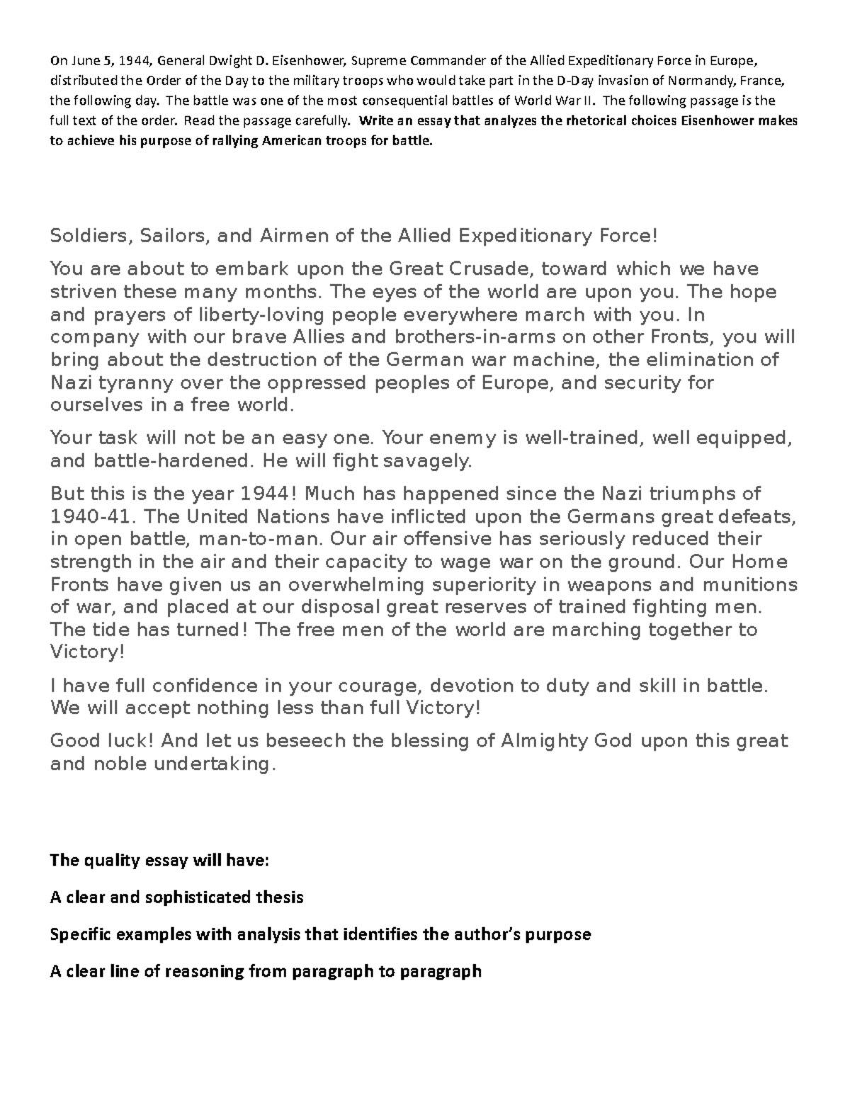 Eisenhower Rhetorical Analysis - On June 5, 1944, General Dwight D ...