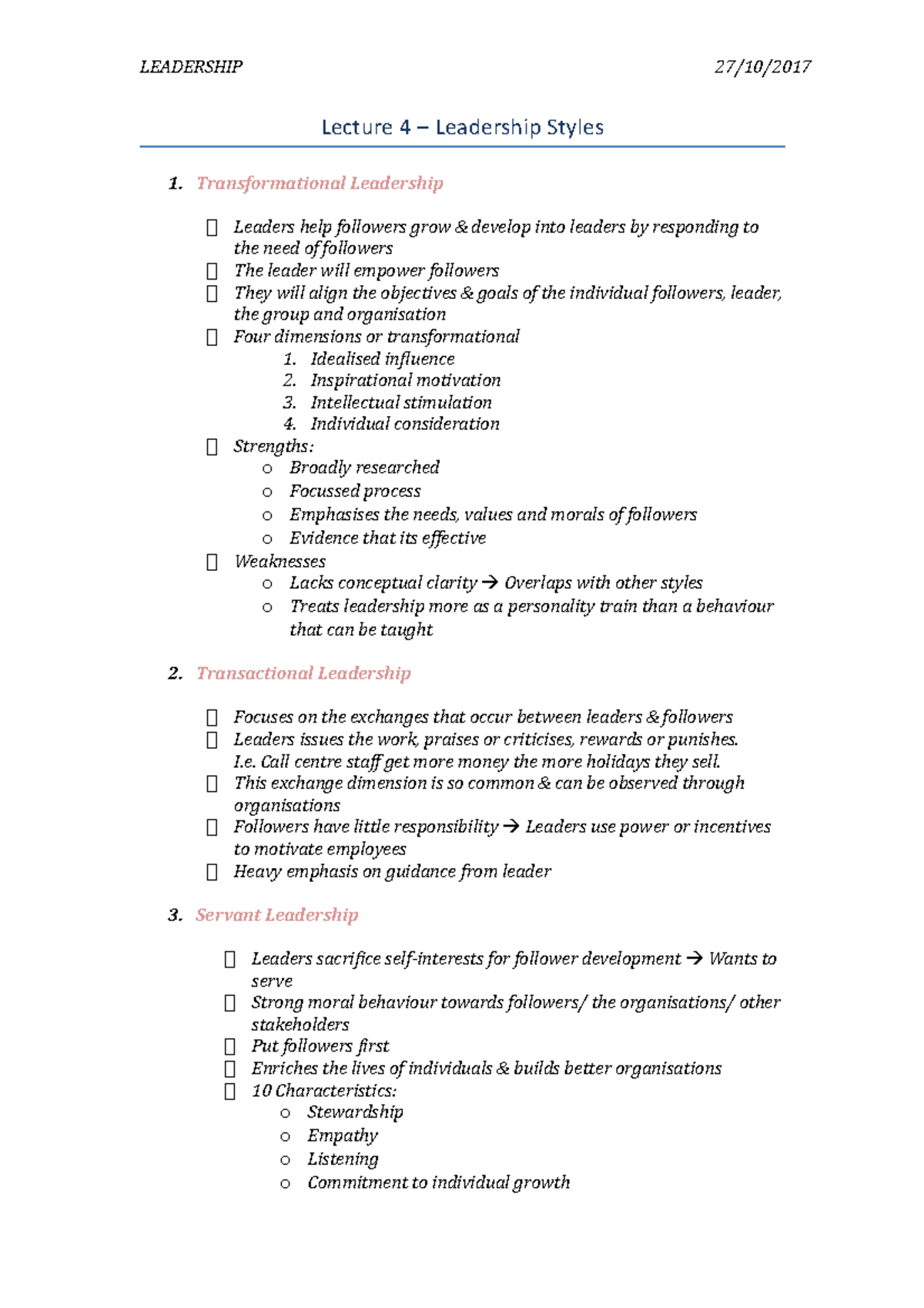 Lecture 4 – Leadership Styles - LEADERSHIP 27/10/ Lecture 4 ...