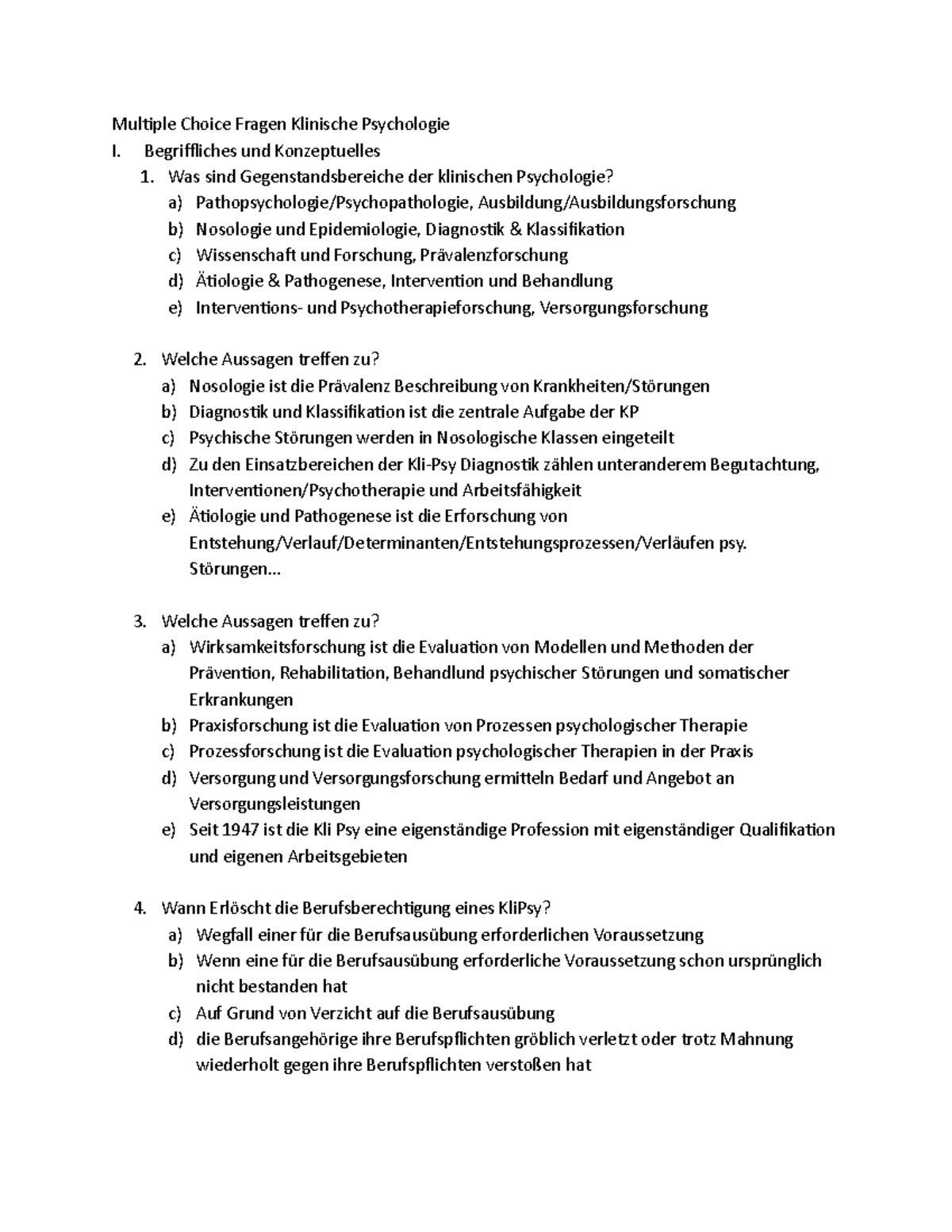 Multiple Choice Fragen Klinische Psychologie - Begriffliches und ...