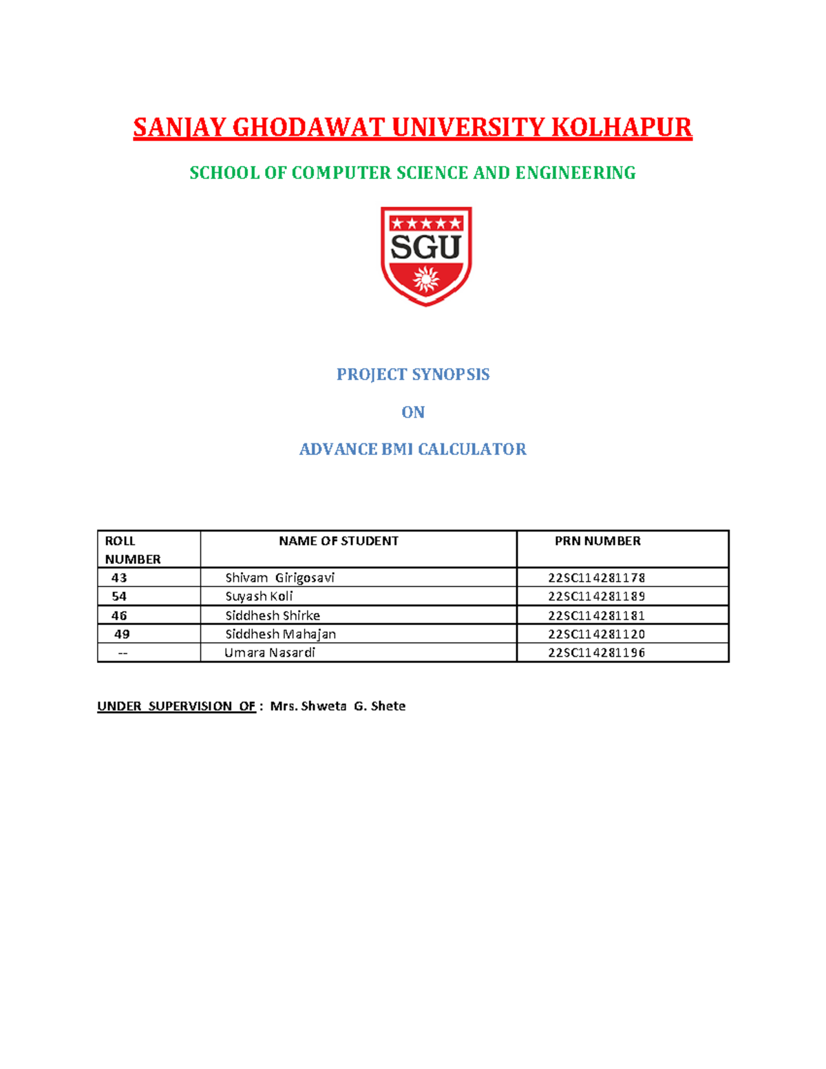 ADV BMI Claculator Synopsis - SANJAY GHODAWAT UNIVERSITY KOLHAPUR ...