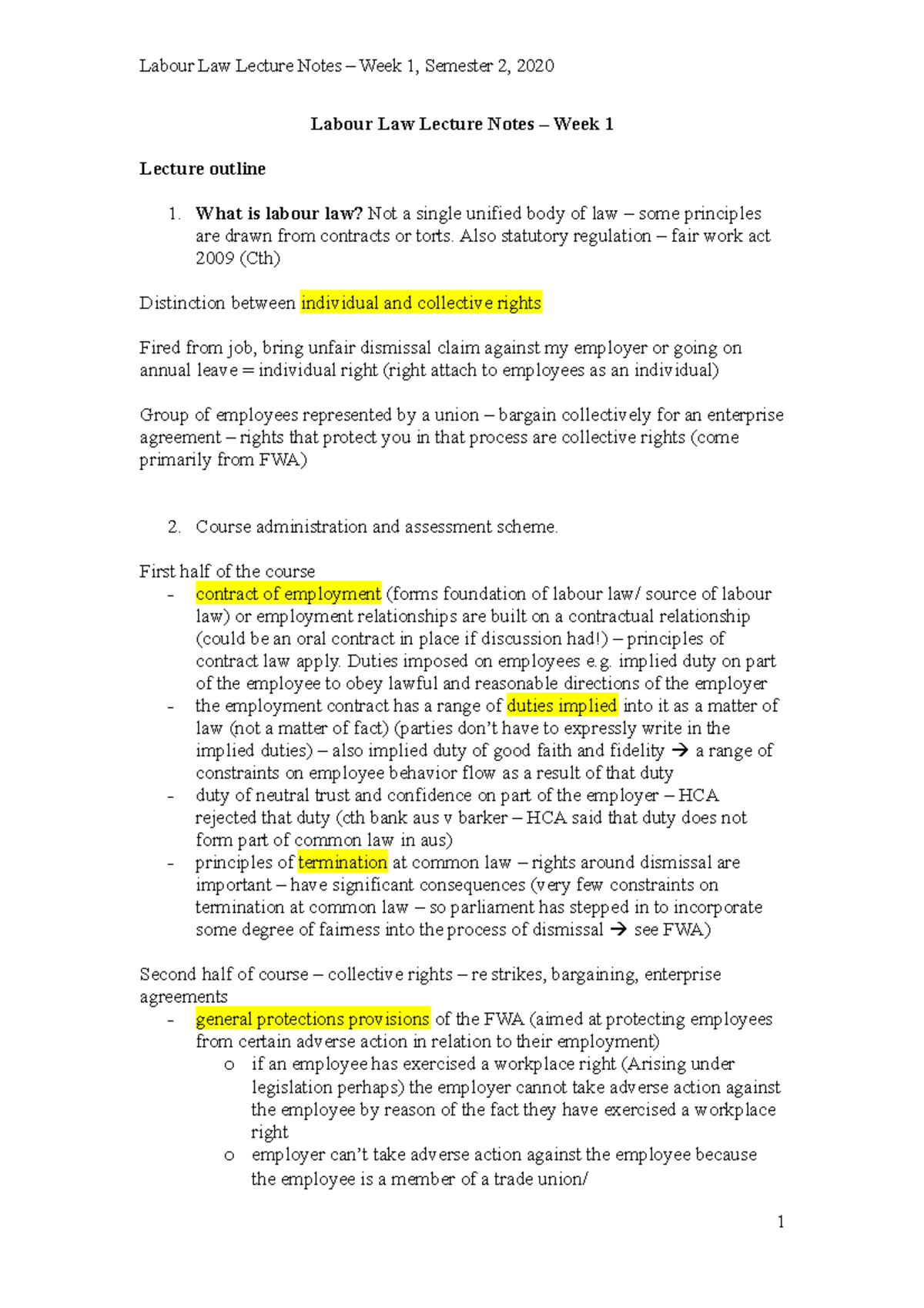 Week 1 Labour Law Notes - Labour Law Lecture Notes – Week 1 Lecture ...