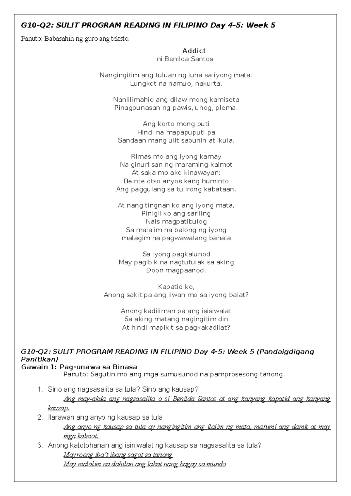 G10 Q2 W5- Reading- Filipino - G10-Q2: SULIT PROGRAM READING IN ...