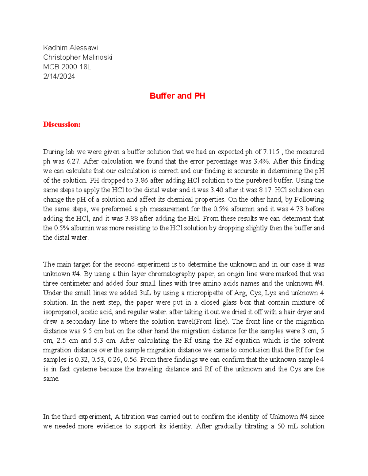 MCB 2000 lab report 2 - Kadhim Alessawi Christopher Malinoski MCB 2000 ...