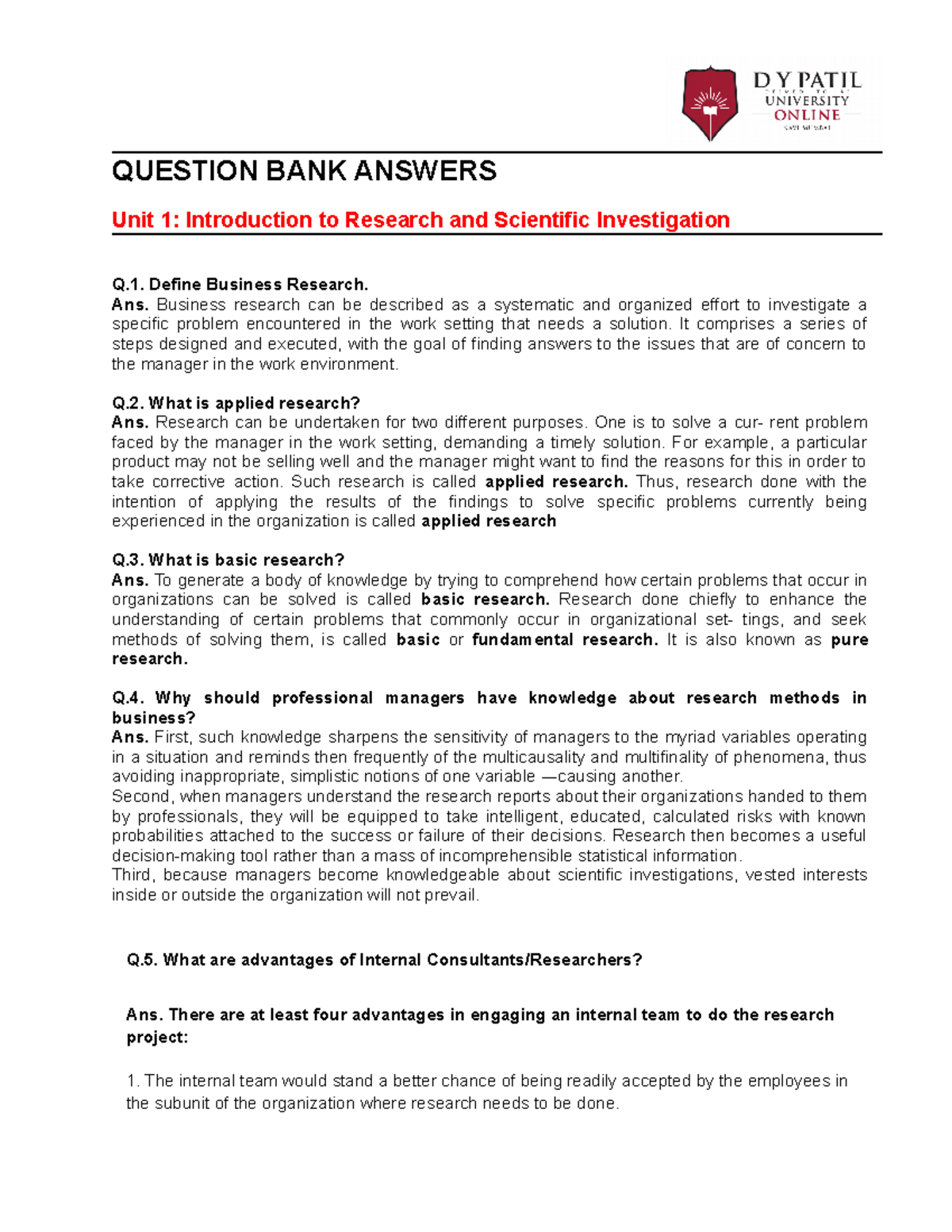Module 1 (QBA) - QUESTION BANK ANSWERS Unit 1: Introduction to Research ...