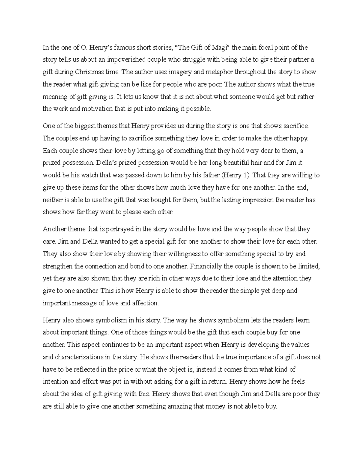 Kenzie Strong Literary Analysis - In the one of O. Henry’s famous short ...