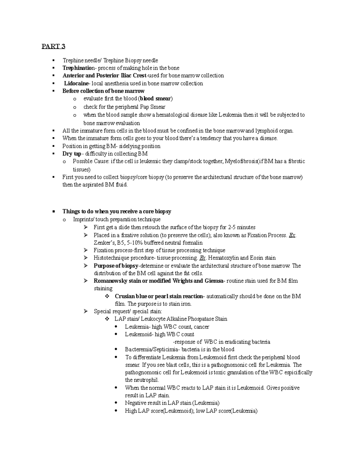 PART 3 hema - summaries - PART 3 Trephine needle/ Trephine Biopsy ...