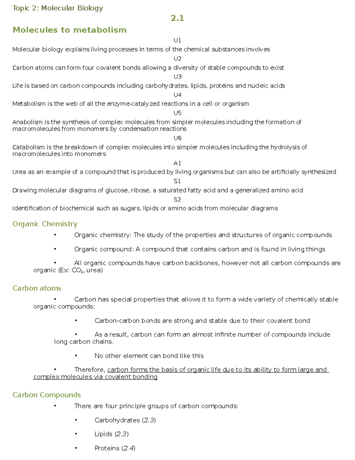 MOLECULAR BIOOO - Topic 2: Molecular Biology 2. Molecules to metabolism ...