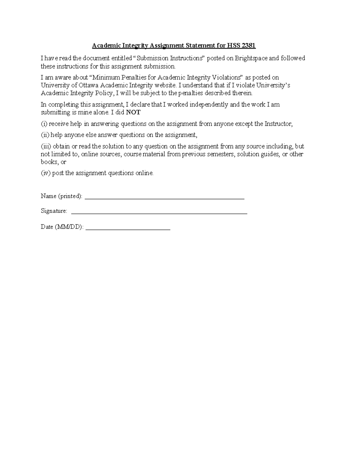 HSS2381 Academic Integrity Assignment Statement - Academic Integrity ...