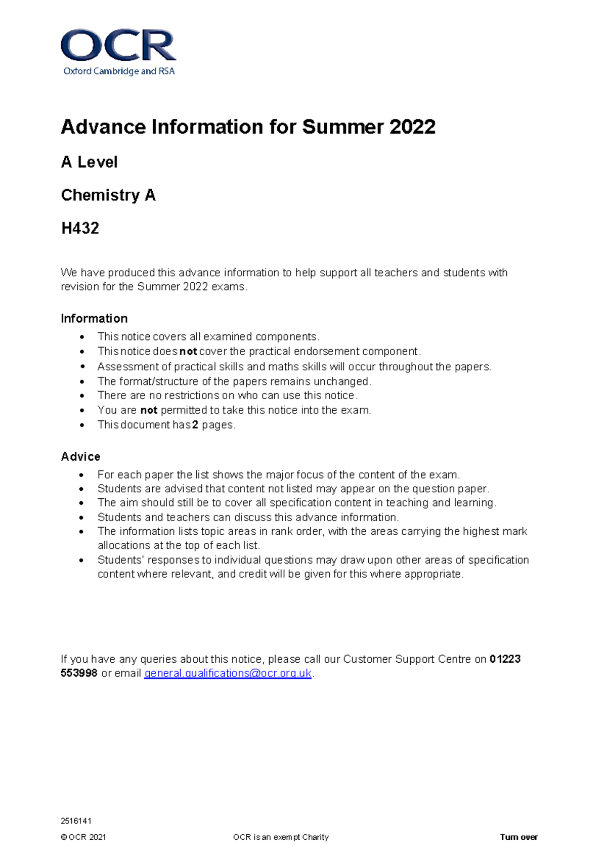 H432 A Level Chemistry A Advance Information Jun2022 - 2516141 © OCR ...