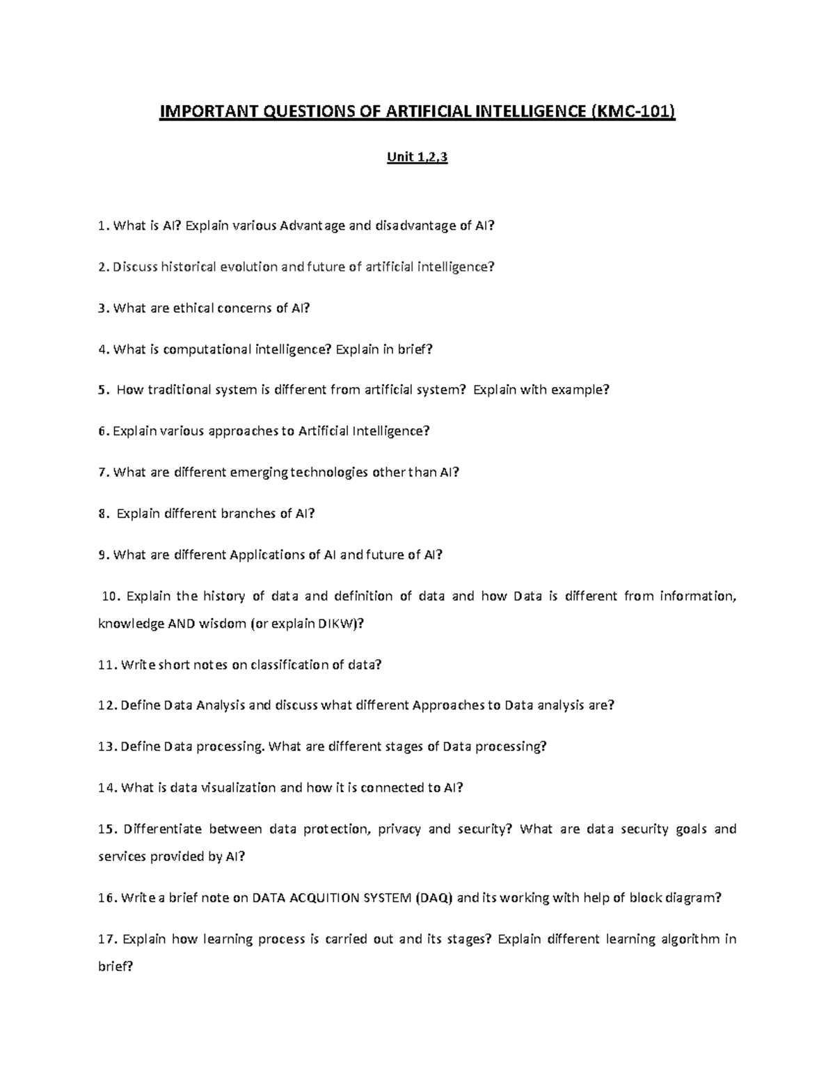 AI Notes IMPORTANT QUESTIONS OF ARTIFICIAL INTELLIGENCE KMC 101