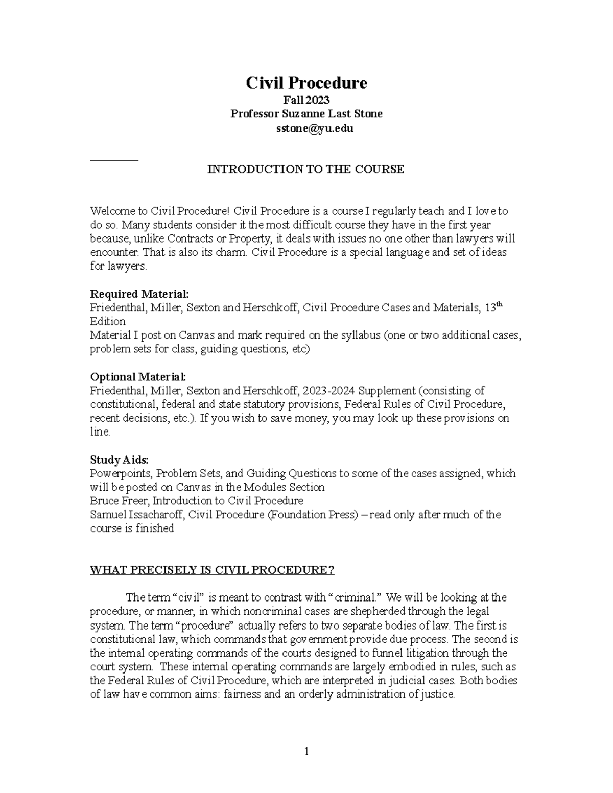 Civil Procedure 2023 Syllabus - Civil Procedure Fall 2023 Professor ...