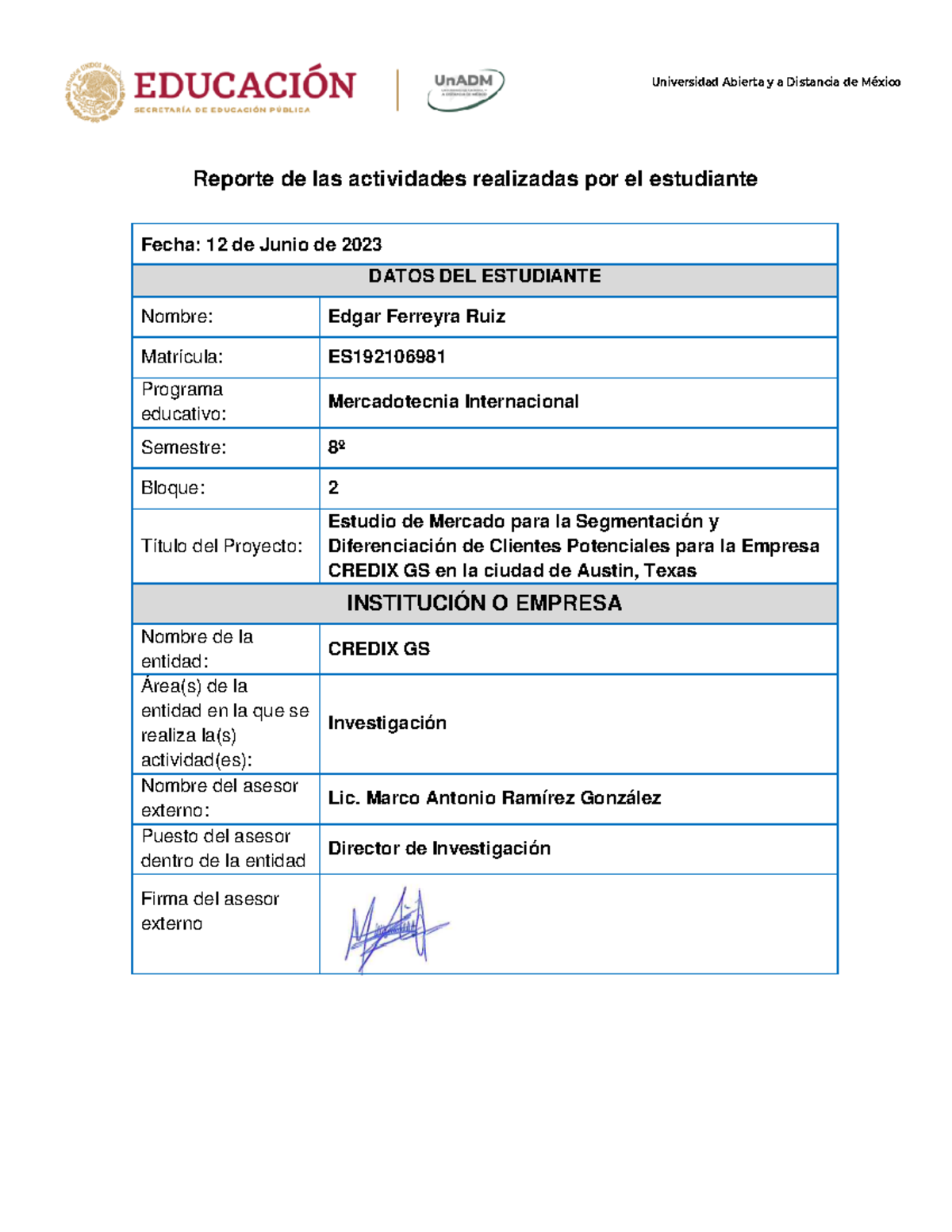EDFR B2 In2 - sdsfdsf - Reporte de las actividades realizadas por el ...