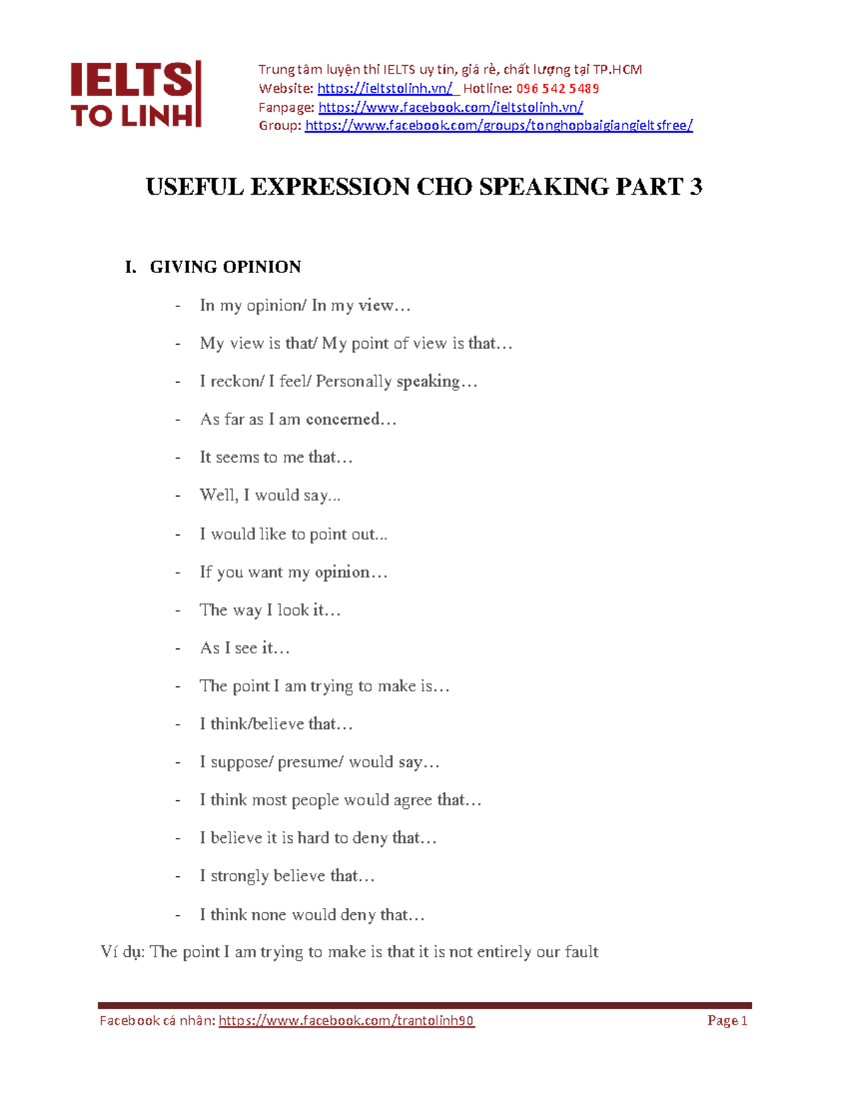 Useful Expressions CHO Speaking PART 3 - Website: ieltstolinh/_ Hotline ...