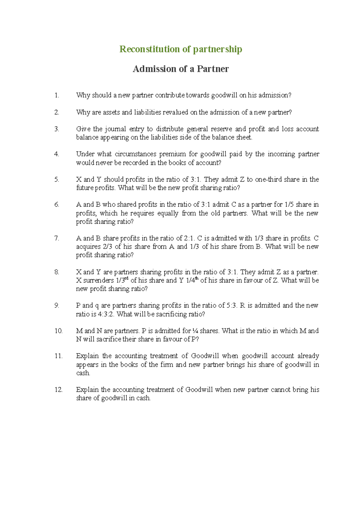Unit 3 Admission of a Partner Questions - Reconstitution of partnership ...