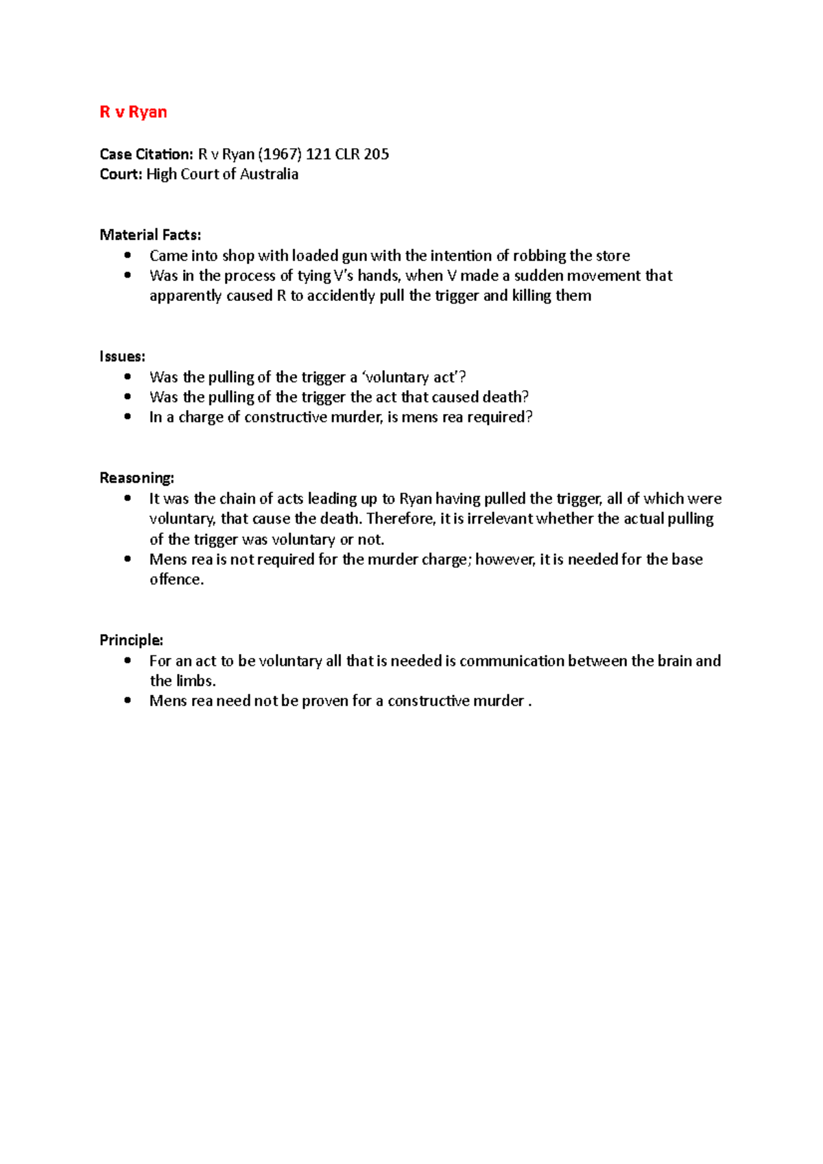 R v Ryan Case Summary - R v Ryan Case Citation: R v Ryan (1967) 121 CLR ...