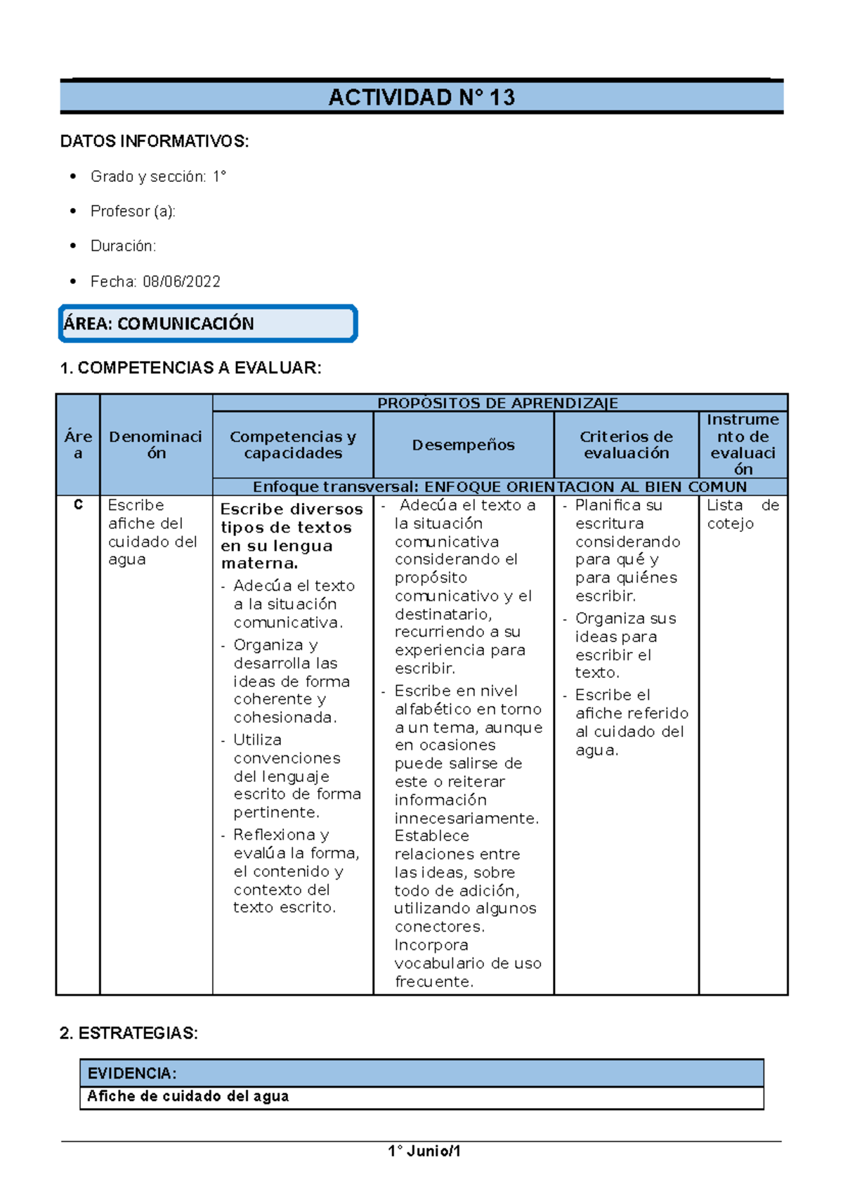 1° Grado - Actividad DEL DIA 08 DE Junio - ACTIVIDAD N° 13 DATOS INFORMATIVOS: Grado y sección ...