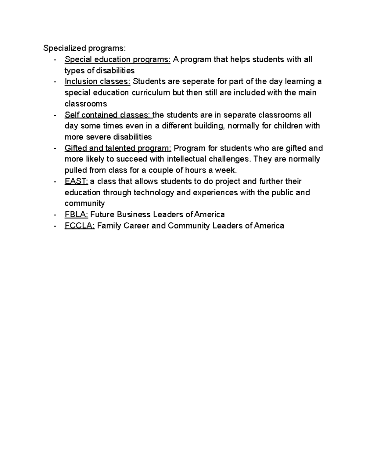 intro to MLED notes - Specialized programs: - Special education ...