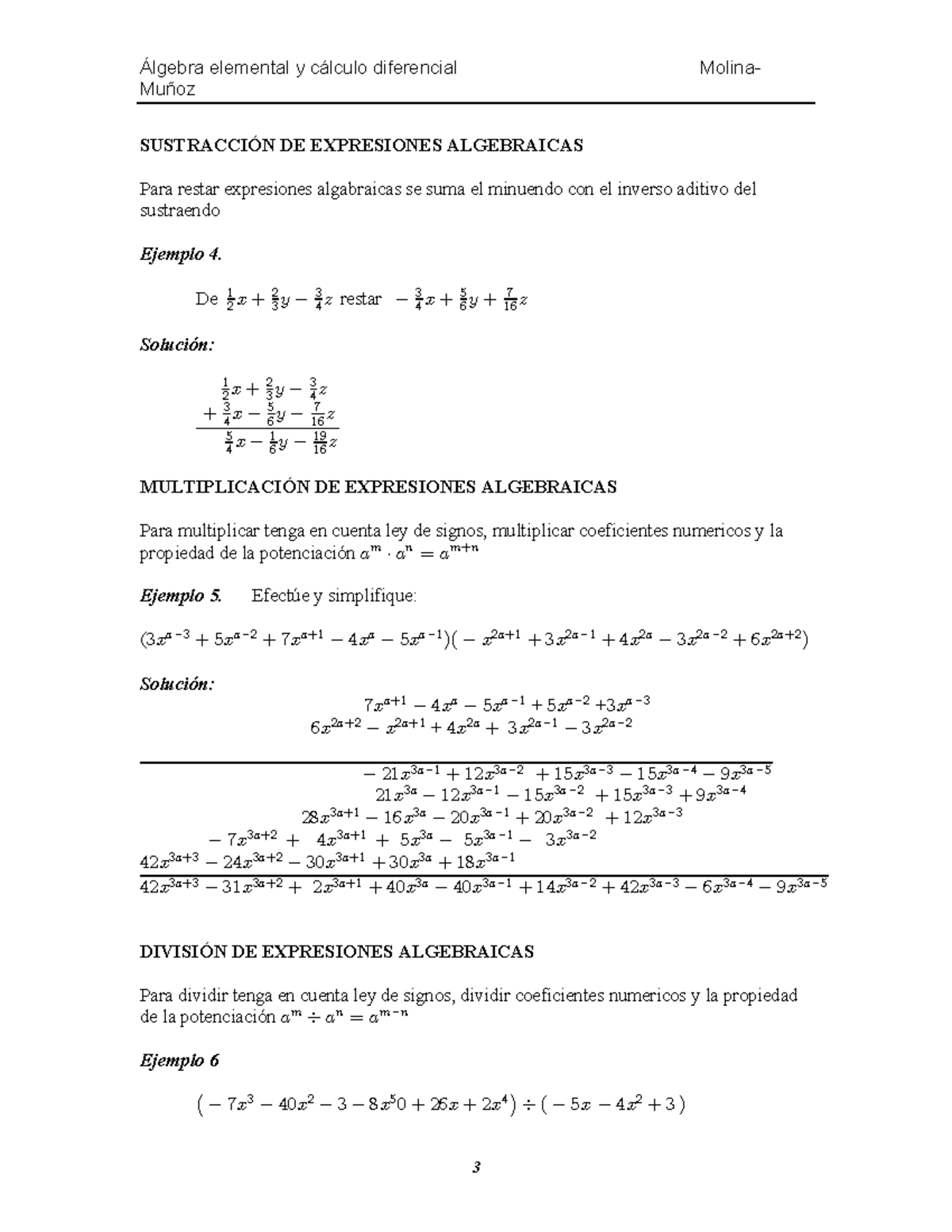 Algebra elemental y calculo dif - MuÒoz SUSTRACCI”N DE EXPRESIONES ...