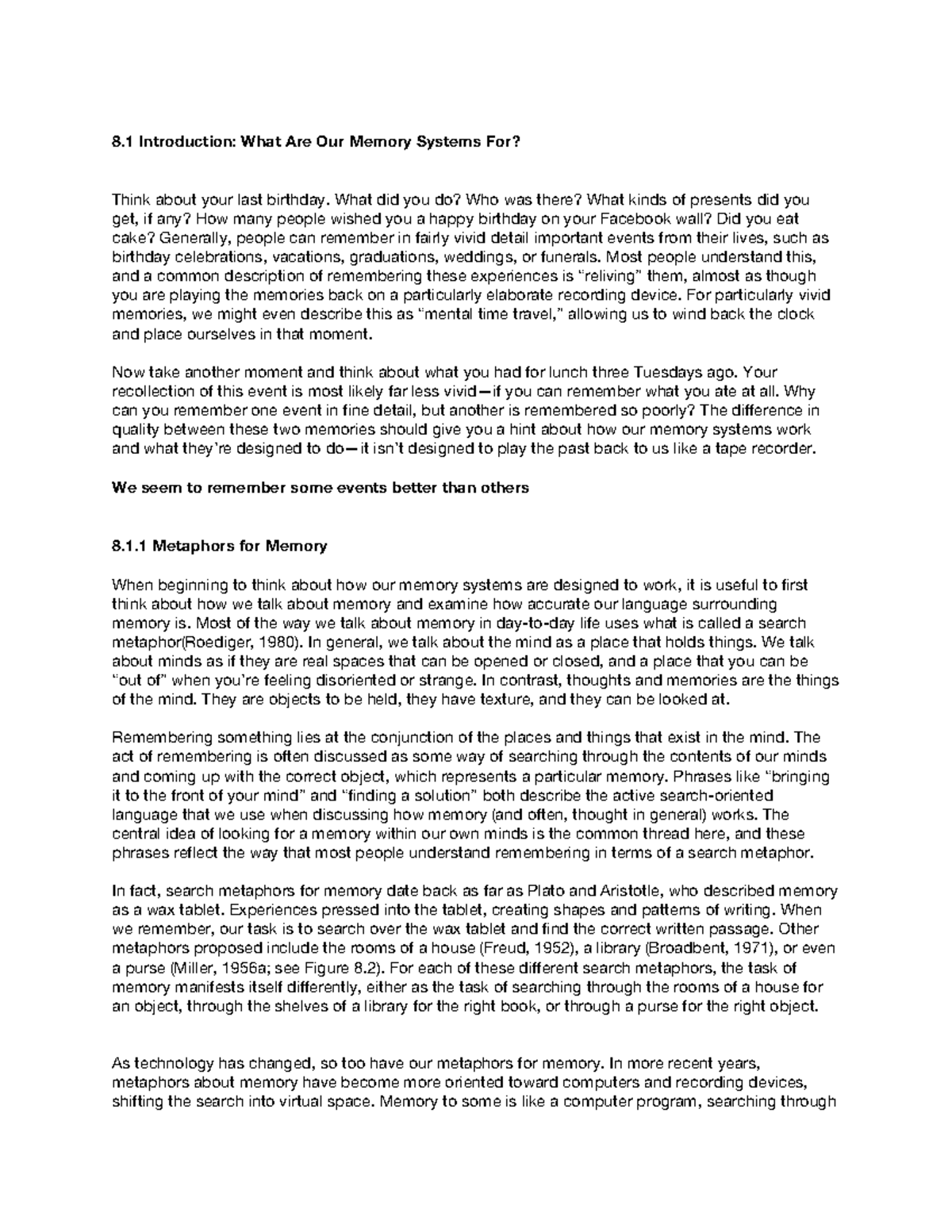 Module 8 Memory notes - 8 Introduction: What Are Our Memory Systems For ...