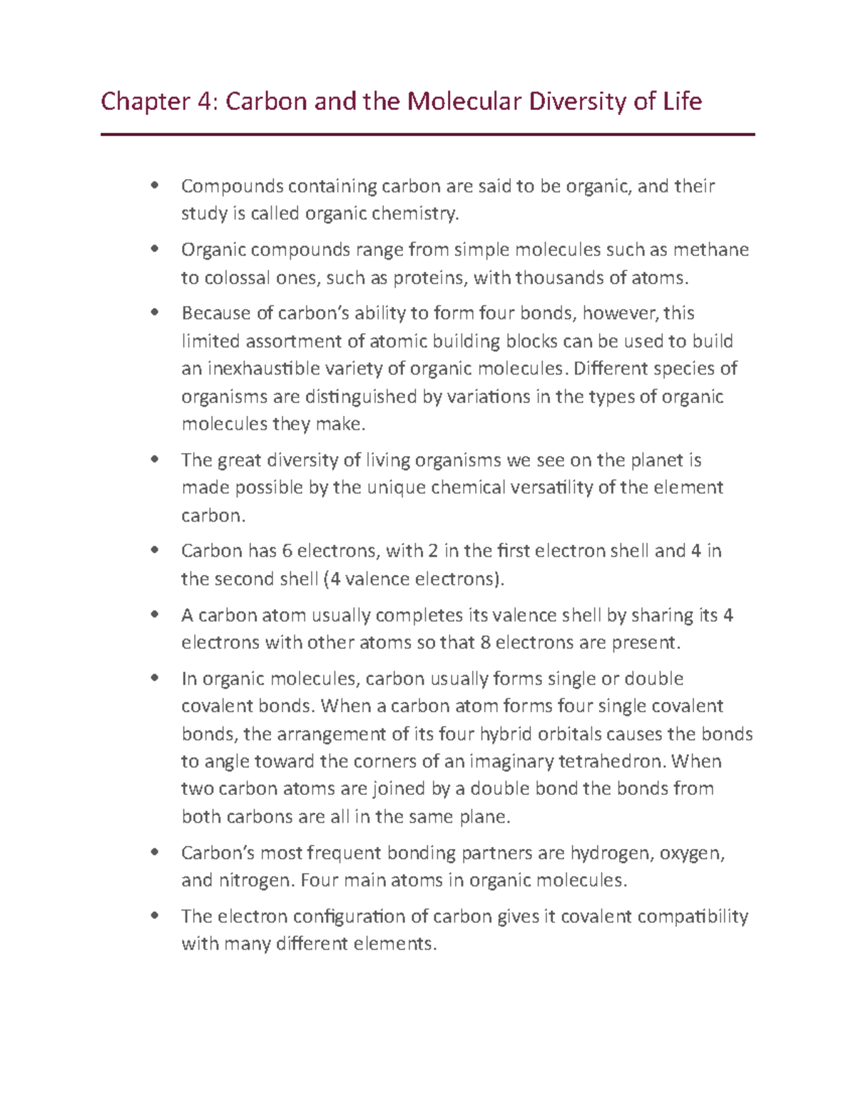 Chapter 4 Book Notes - Chapter 4: Carbon and the Molecular Diversity of ...