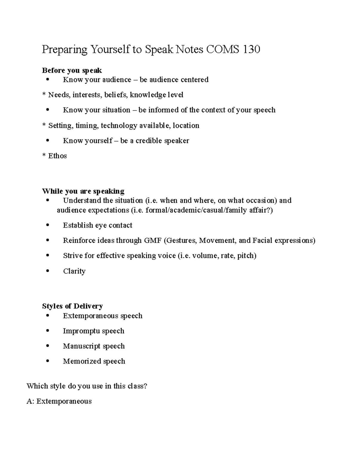 Communication Apprehension Notes COMS 130 - Preparing Yourself to Speak ...