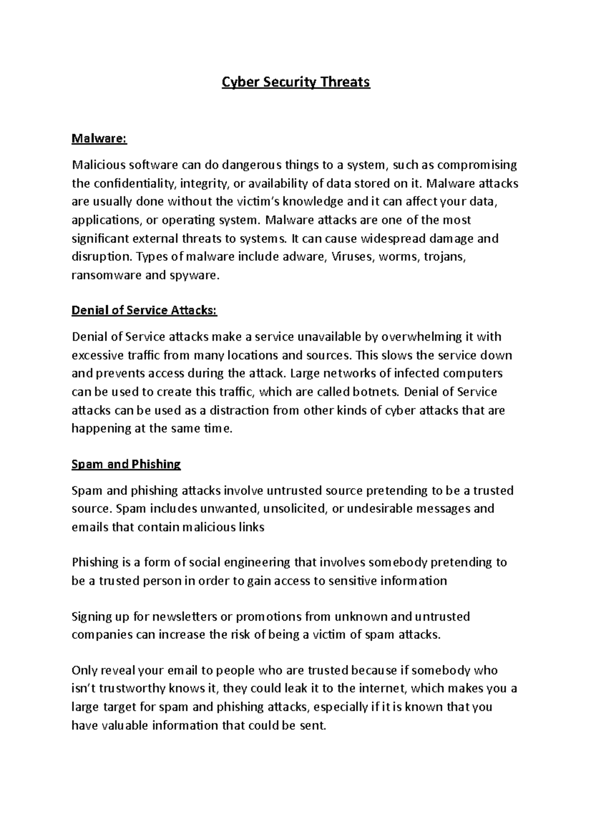 Cyber Security revision - Cyber Security Threats Malware: Malicious ...