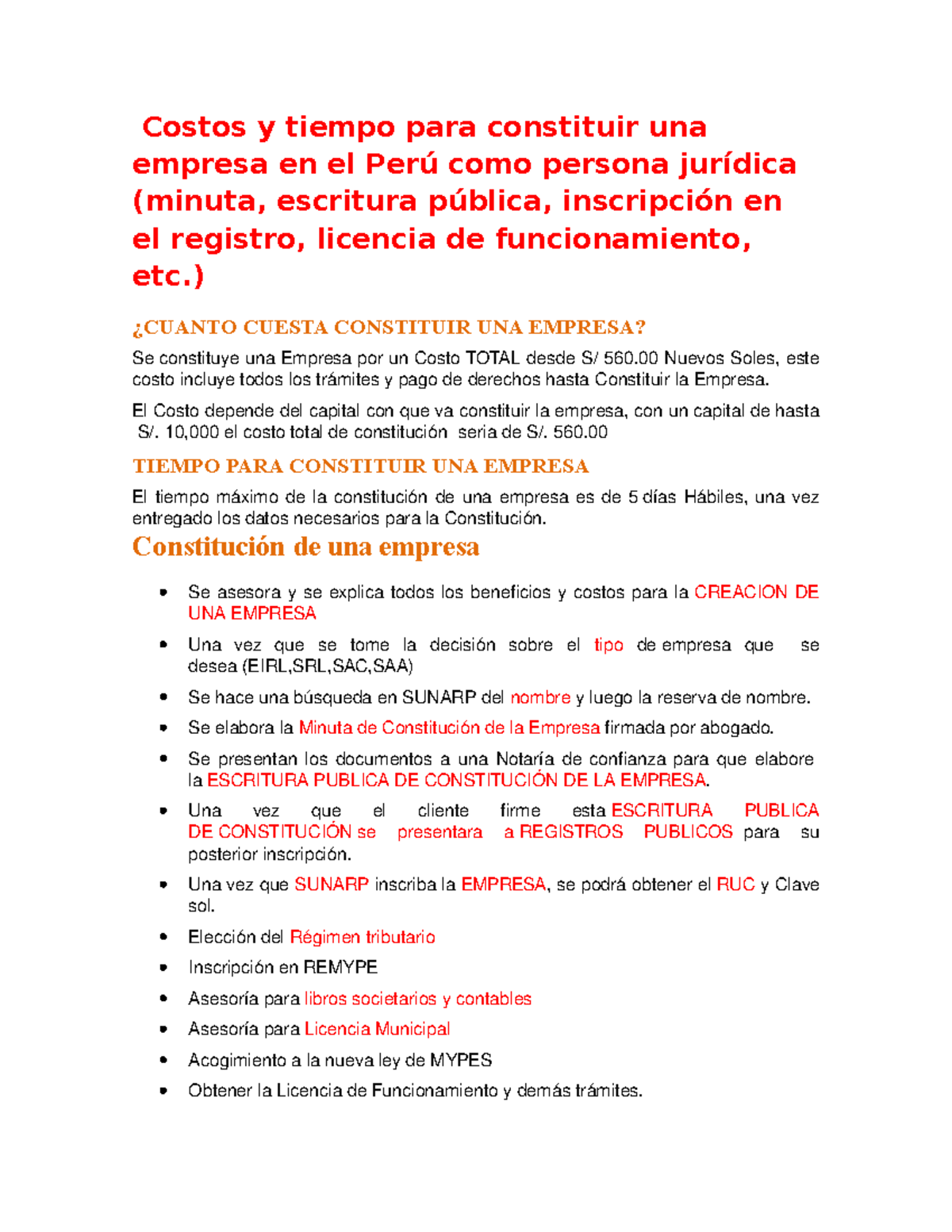 Costos y tiempo para constituir una empresa en el Perú como persona jurídica - Costos y tiempo ...