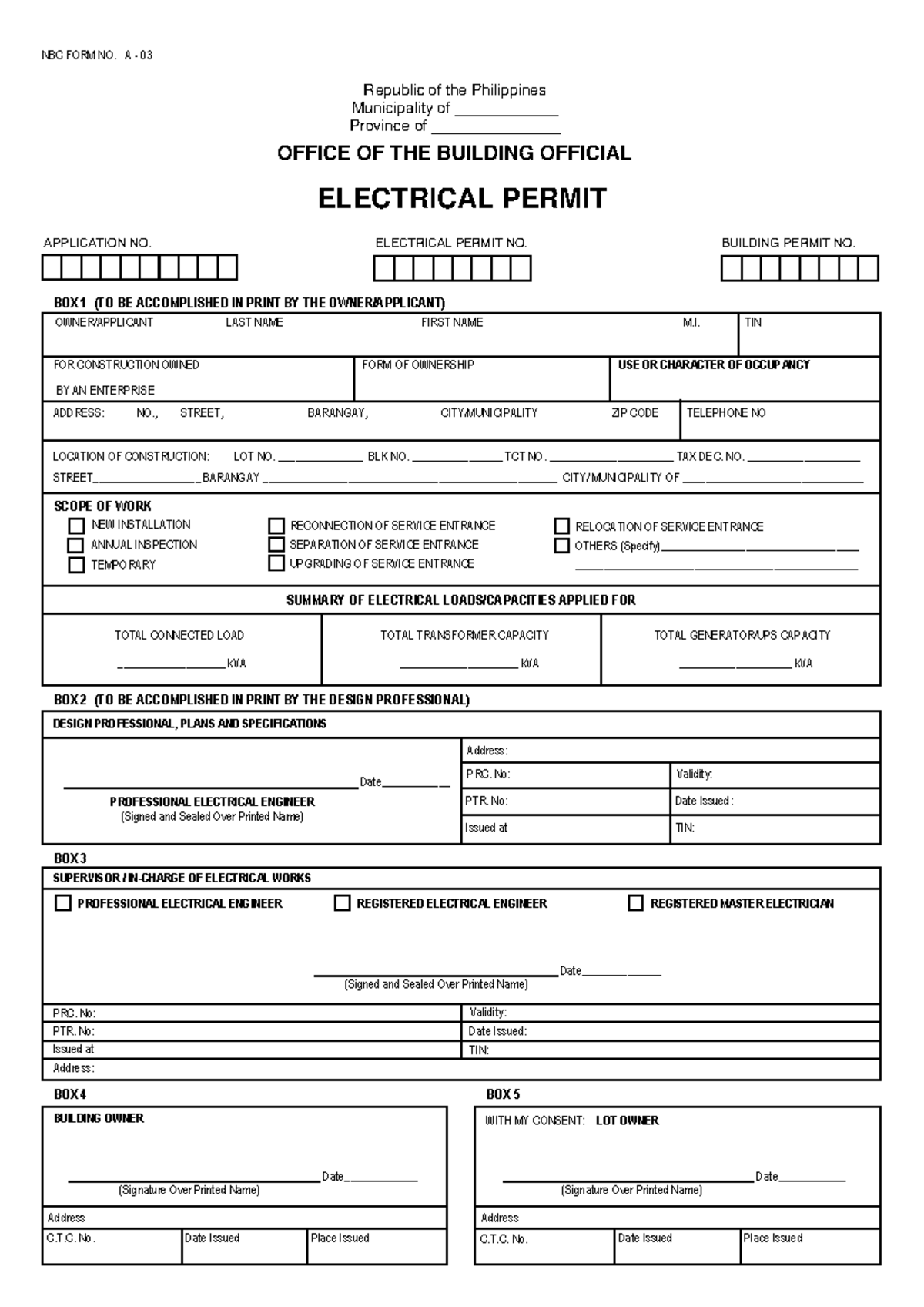 Electrical-Permit-Form - NBC FORM NO. A - 03 Republic of the Philippines Municipality of - Studocu