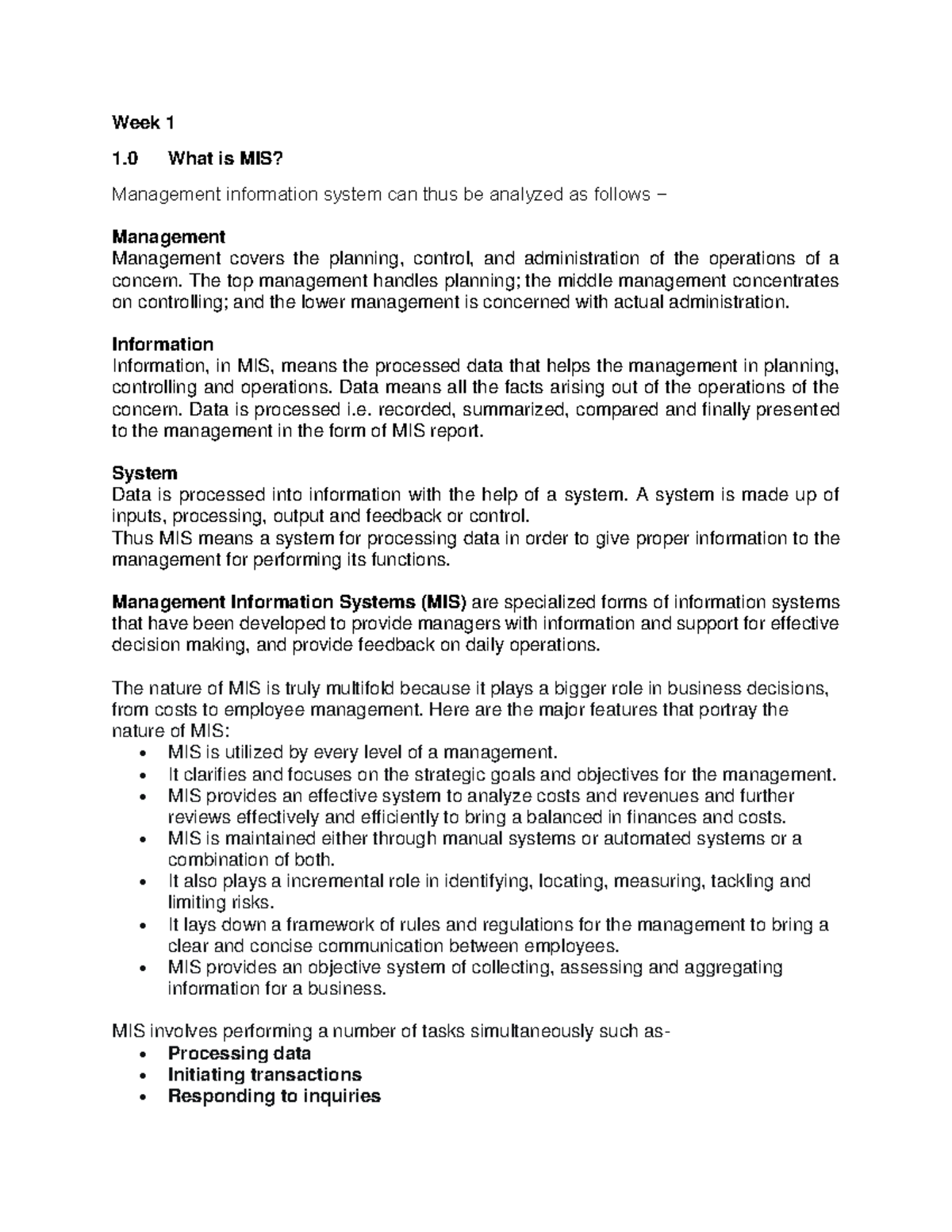 Week 1 Notes - MIS - Week 1 1 What is MIS? Management information ...