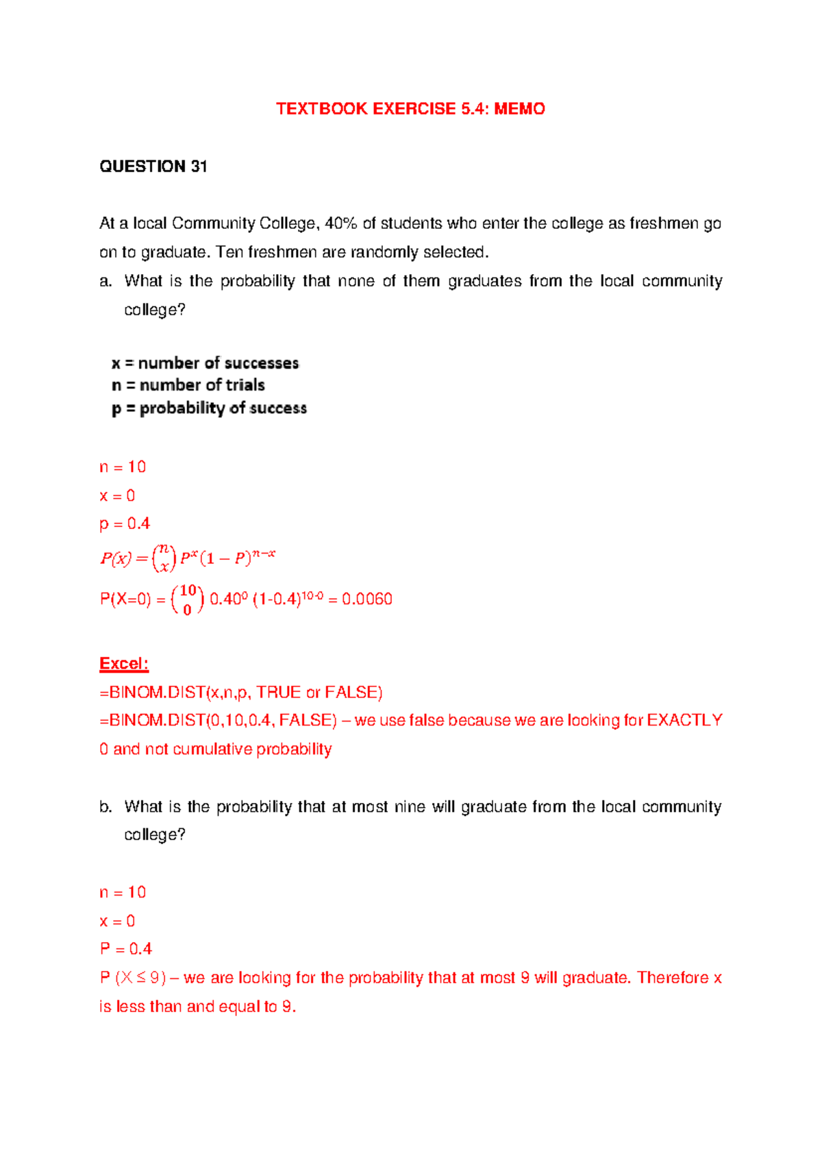 Exercise 5.4 memo upload - TEXTBOOK EXERCISE 5: MEMO QUESTION 31 At a local Community College ...