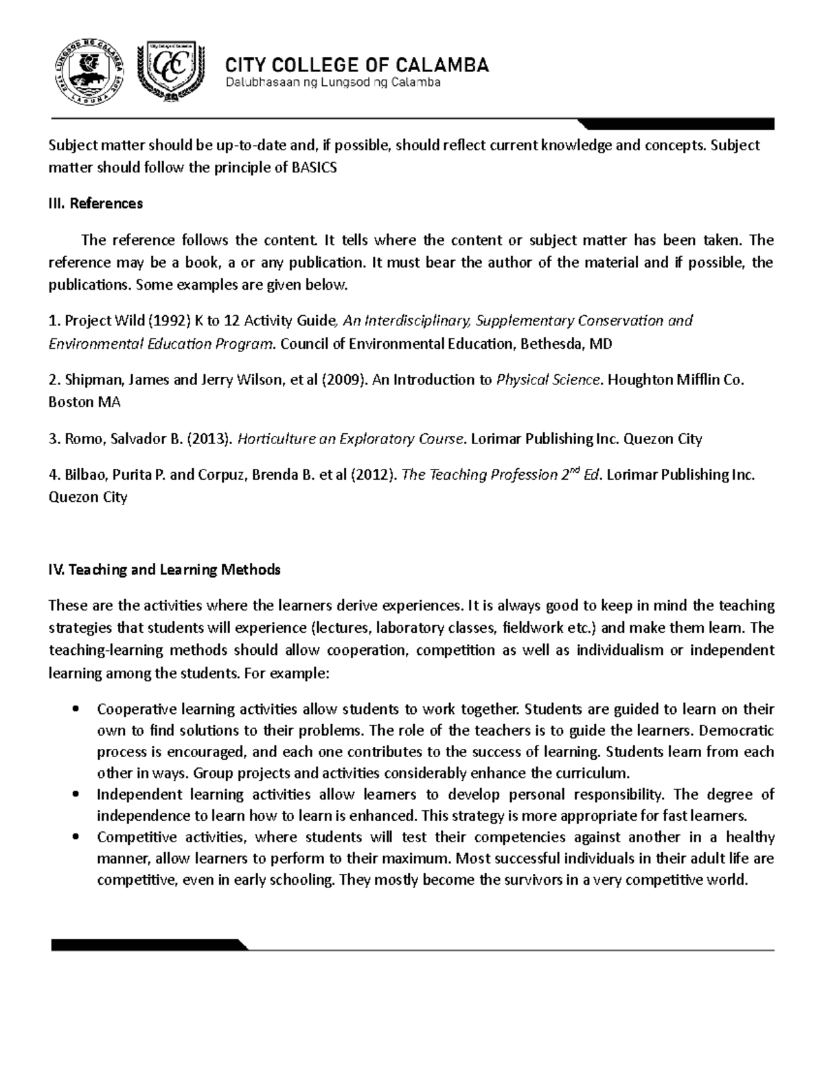 Curriculum - Lecture notes 3 - Subject matter should be up-to-date and ...