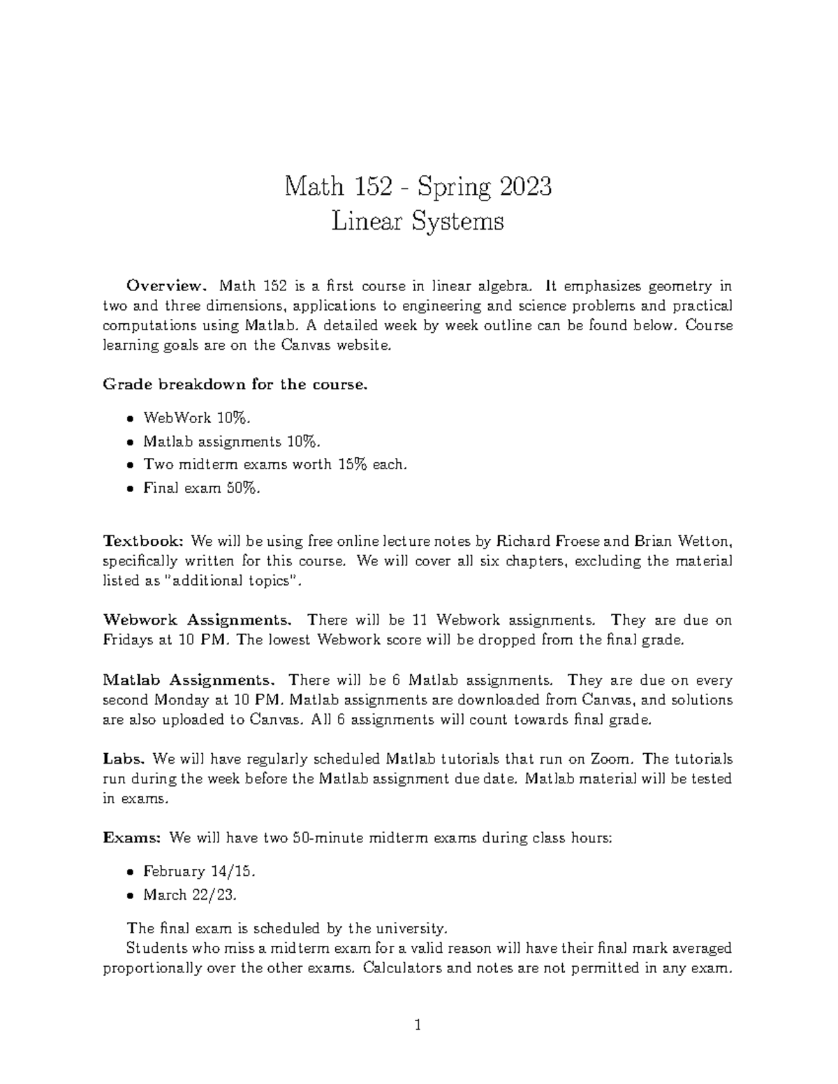 MATH152 summary - Math 152 - Spring 2023 Linear Systems Overview. Math ...