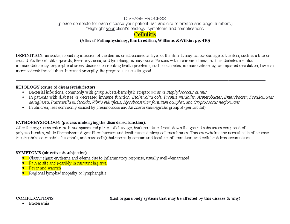Disease Process Cellulitis - DISEASE PROCESS (please complete for each ...