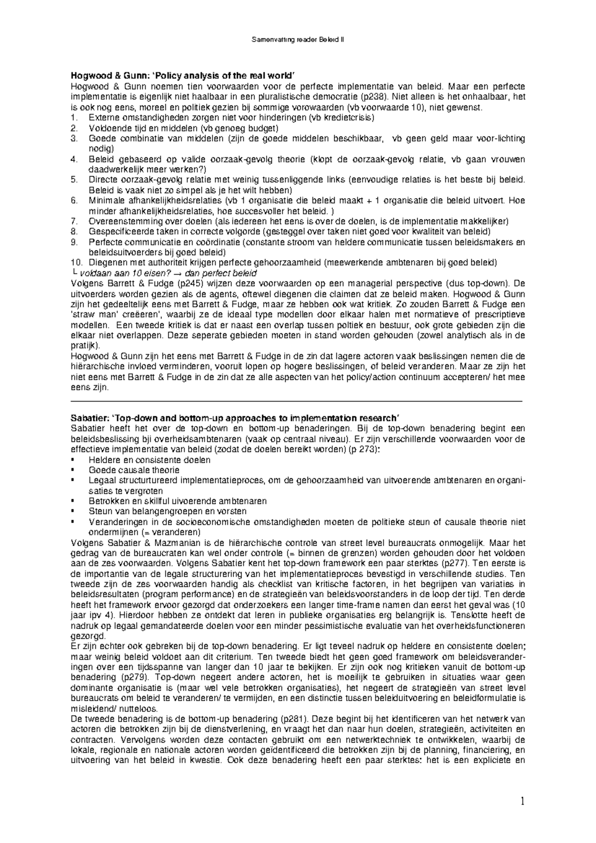 Samenvatting reader beleid 2 - Hogwood & Gunn: ‘Policy analysis of the ...
