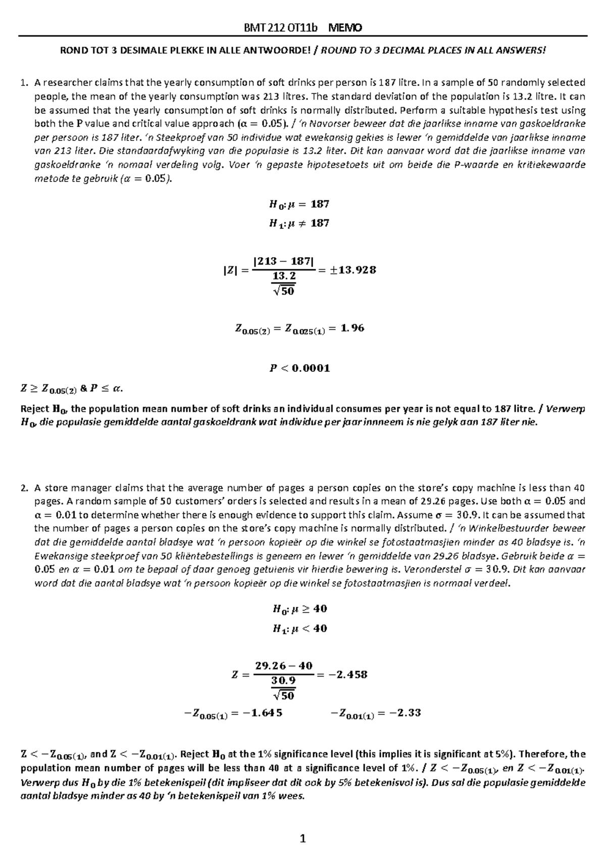 BMT212 Tut 11 (MEMO) - 1 BMT 2 12 OT 11 b MEMO ROND TOT 3 DESIMALE ...