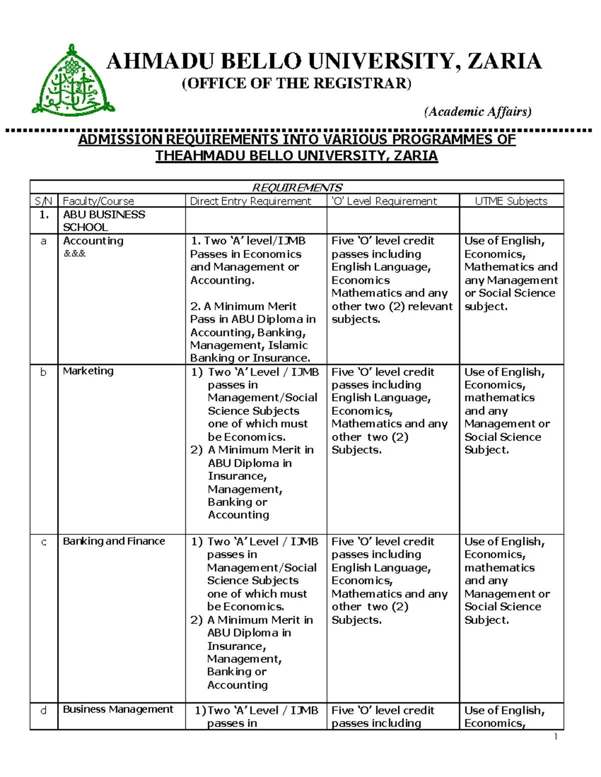 New abu admissions requirements - AHMADU BELLO UNIVERSITY, ZARIA ...