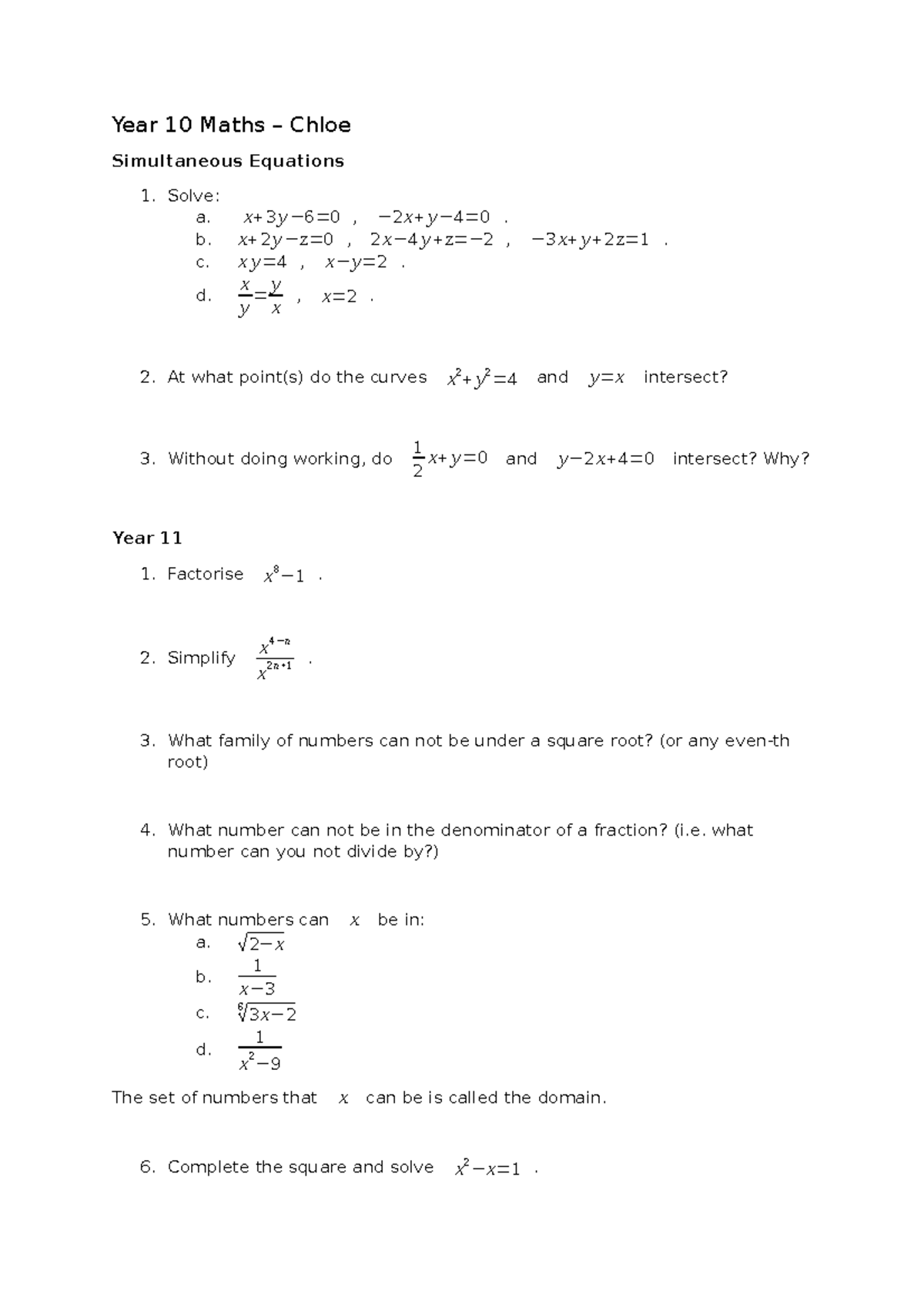 Lec 1 Lecture Noteslecture Notes Year 10 Maths Chloe Simultaneous Equations Solve A X 3