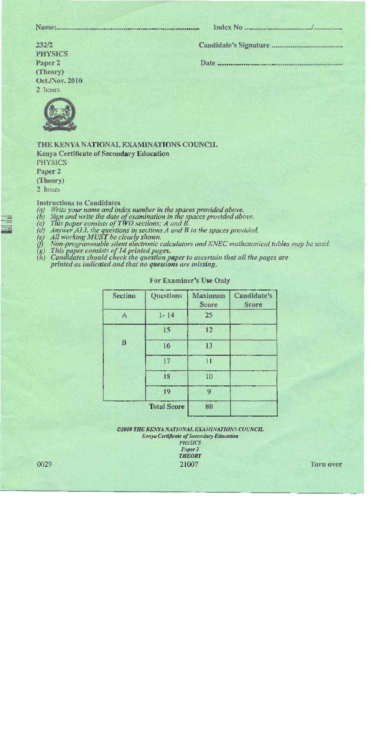 KCSE 2010 Physics Paper 2 (Theory) - 23u PHYSICS THE KENYA NATIONAL ...